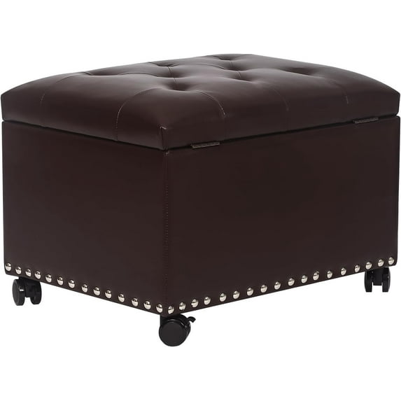 Leather Storage Ottoman Bench with Steerable Rolling Wheels, Rectangle ...