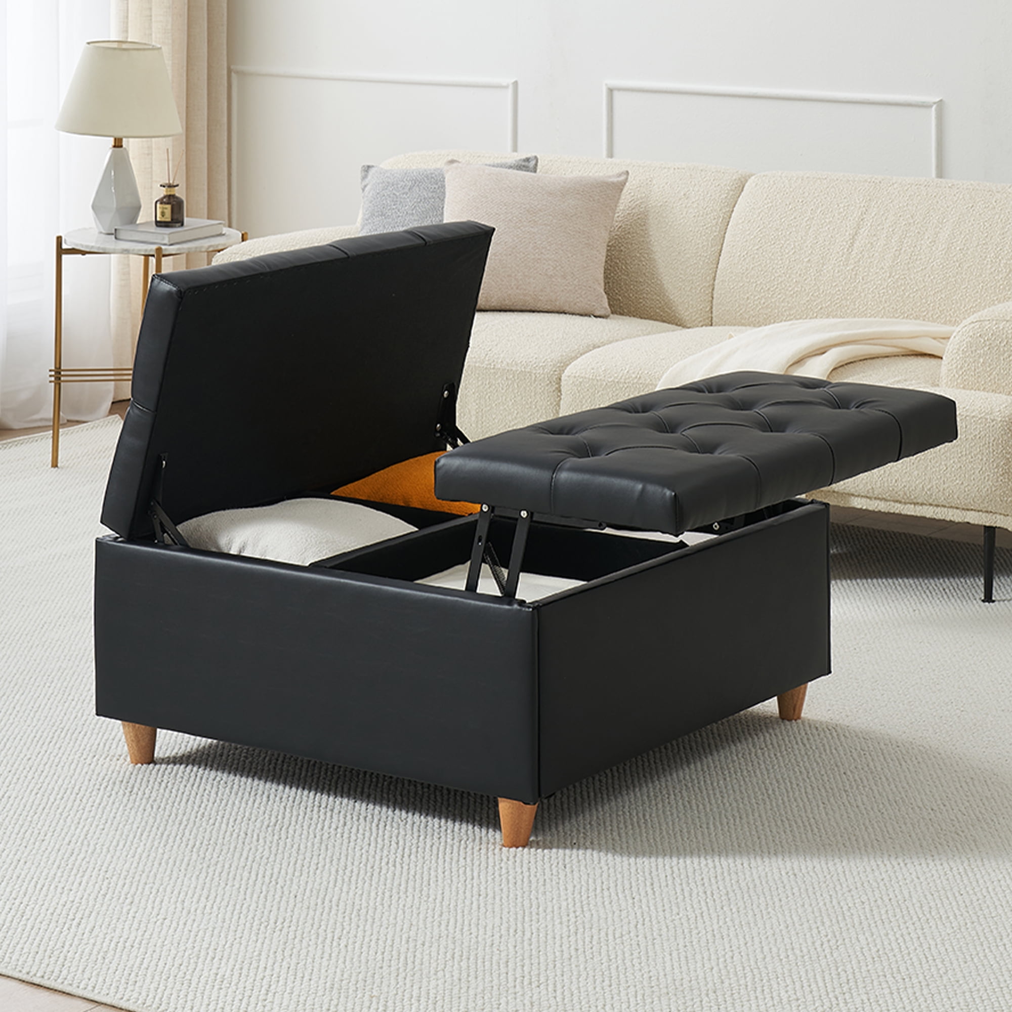 Leather Storage Ottoman Coffee Table with Lift Top, Faux Leather Tufted ...