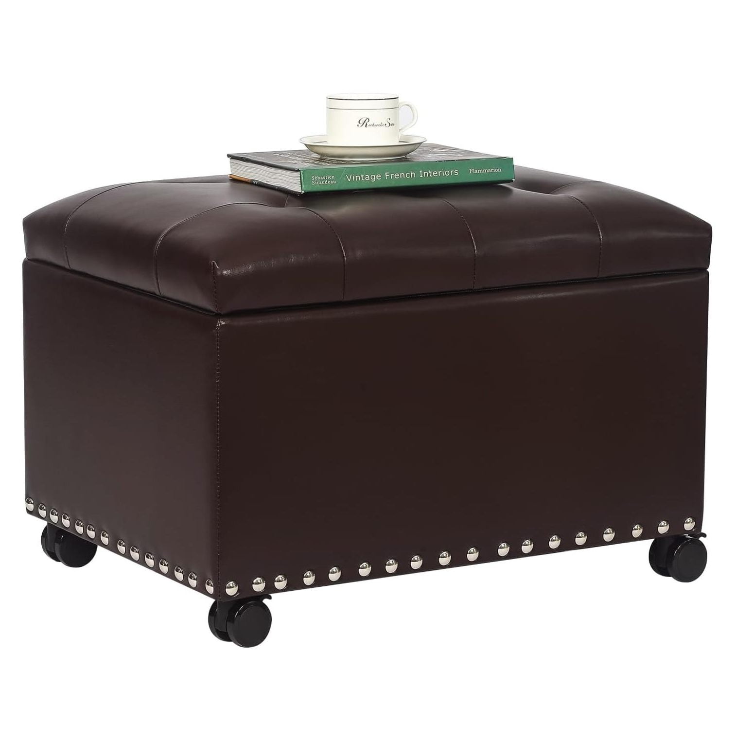 Leather Storage Ottoman with 360° Wheels 24" Rolling Foot Rest Bench ...
