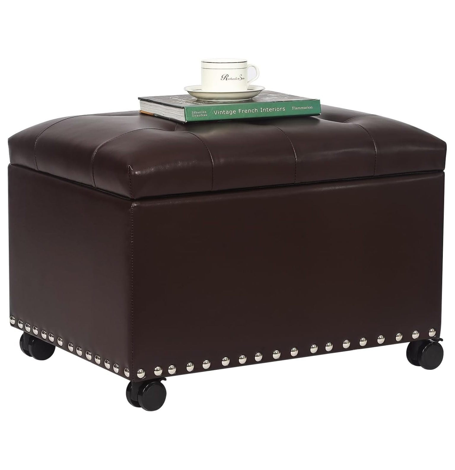 Leather Storage Ottoman with 360° Wheels 24" Rolling Foot Rest Bench ...