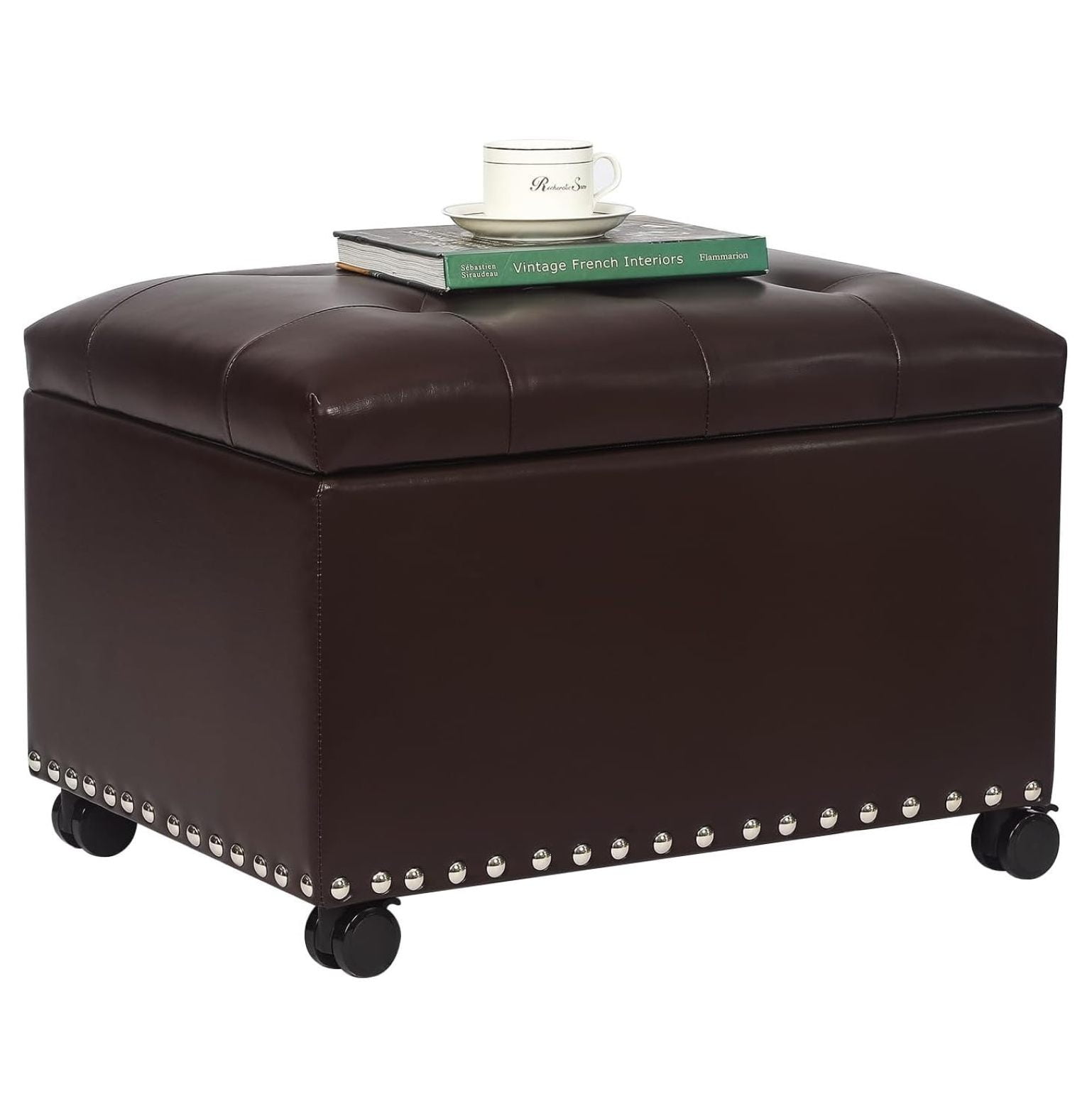 Leather Storage Ottoman with 360° Wheels 24" Rolling Foot Rest ...