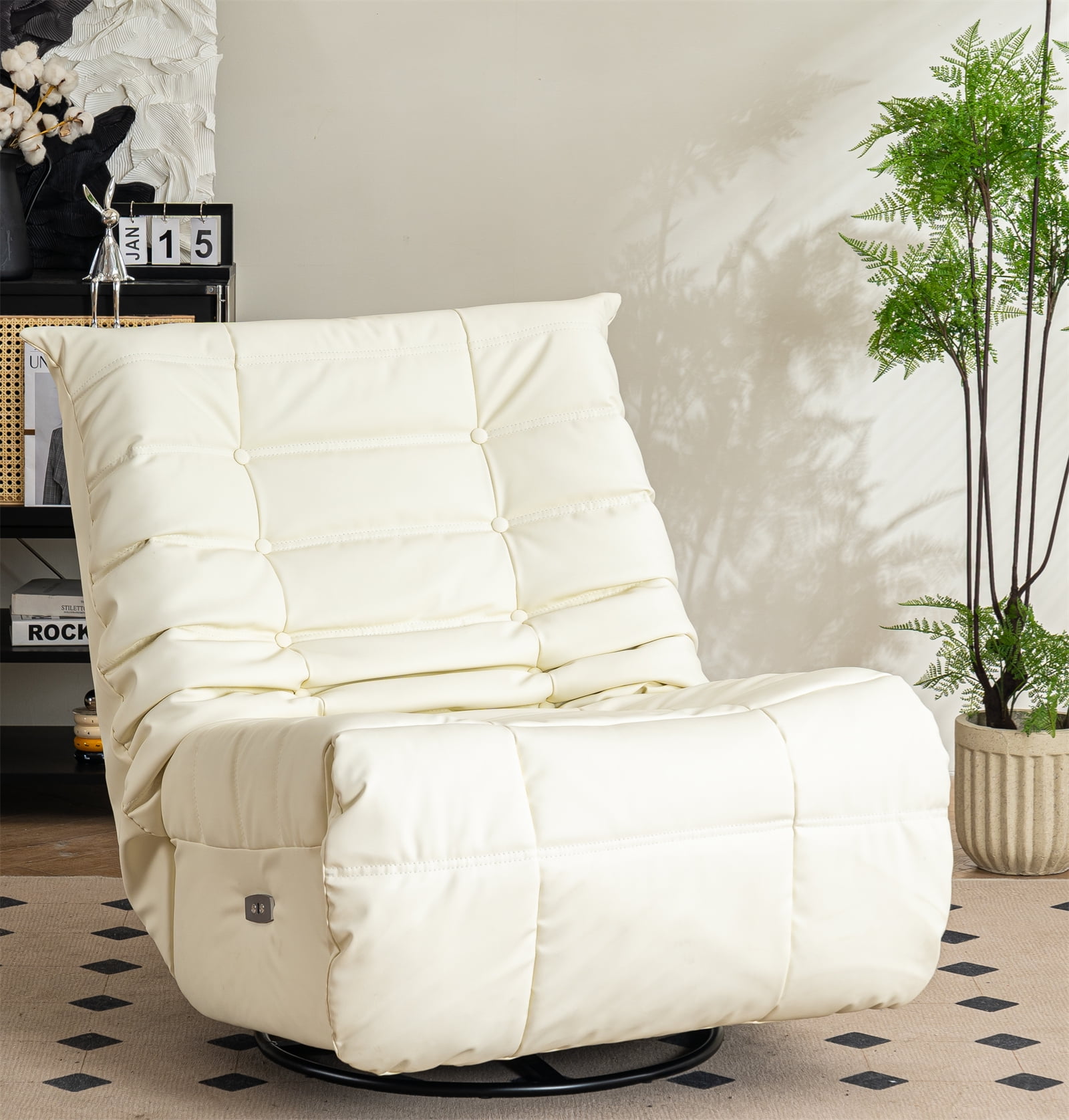 White Leather Swivel Glider Power Recliner with USB Charger, Side ...