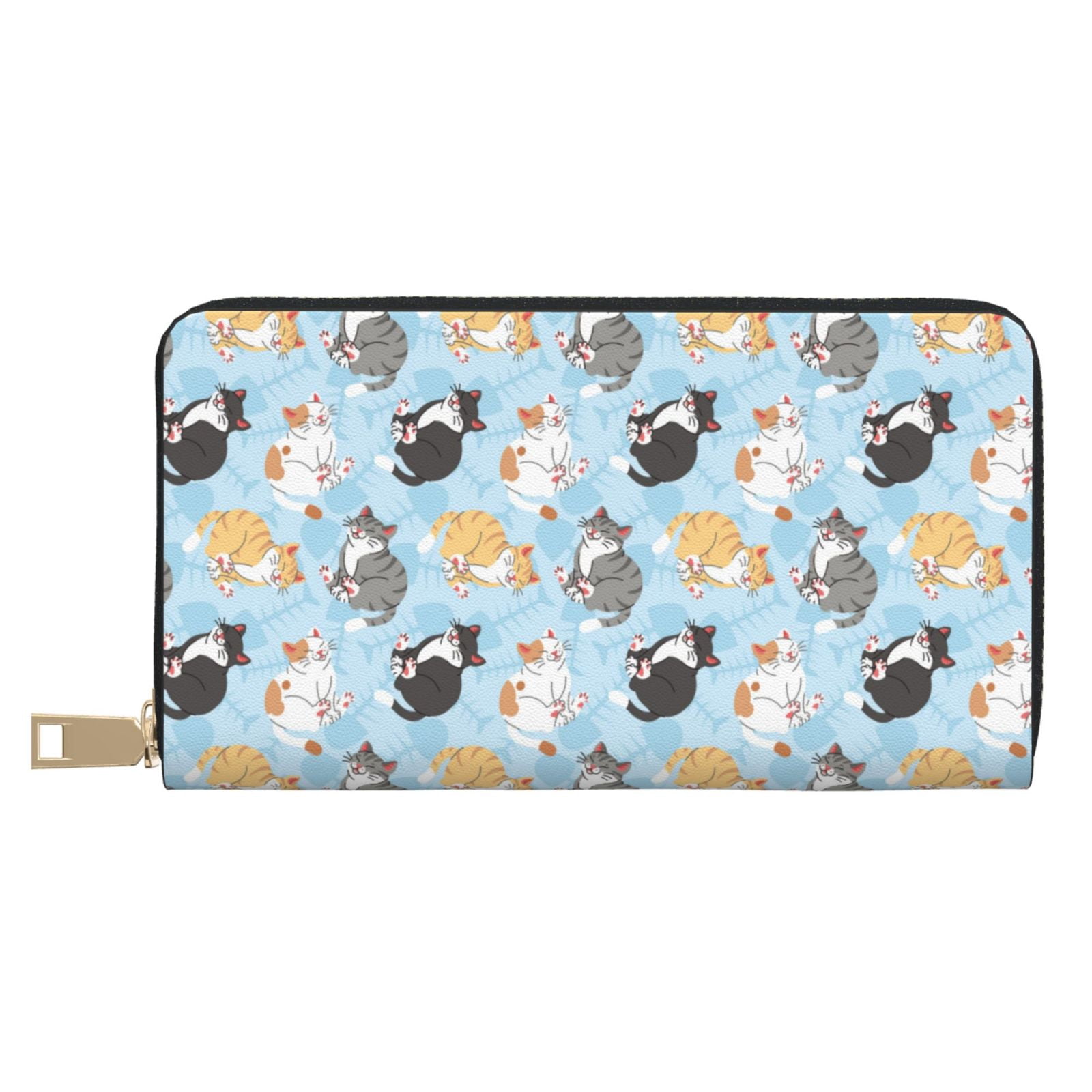 Leather Thin Slim Wallets for Women Men - Art Cute Cartoon Cat Fishbone ...