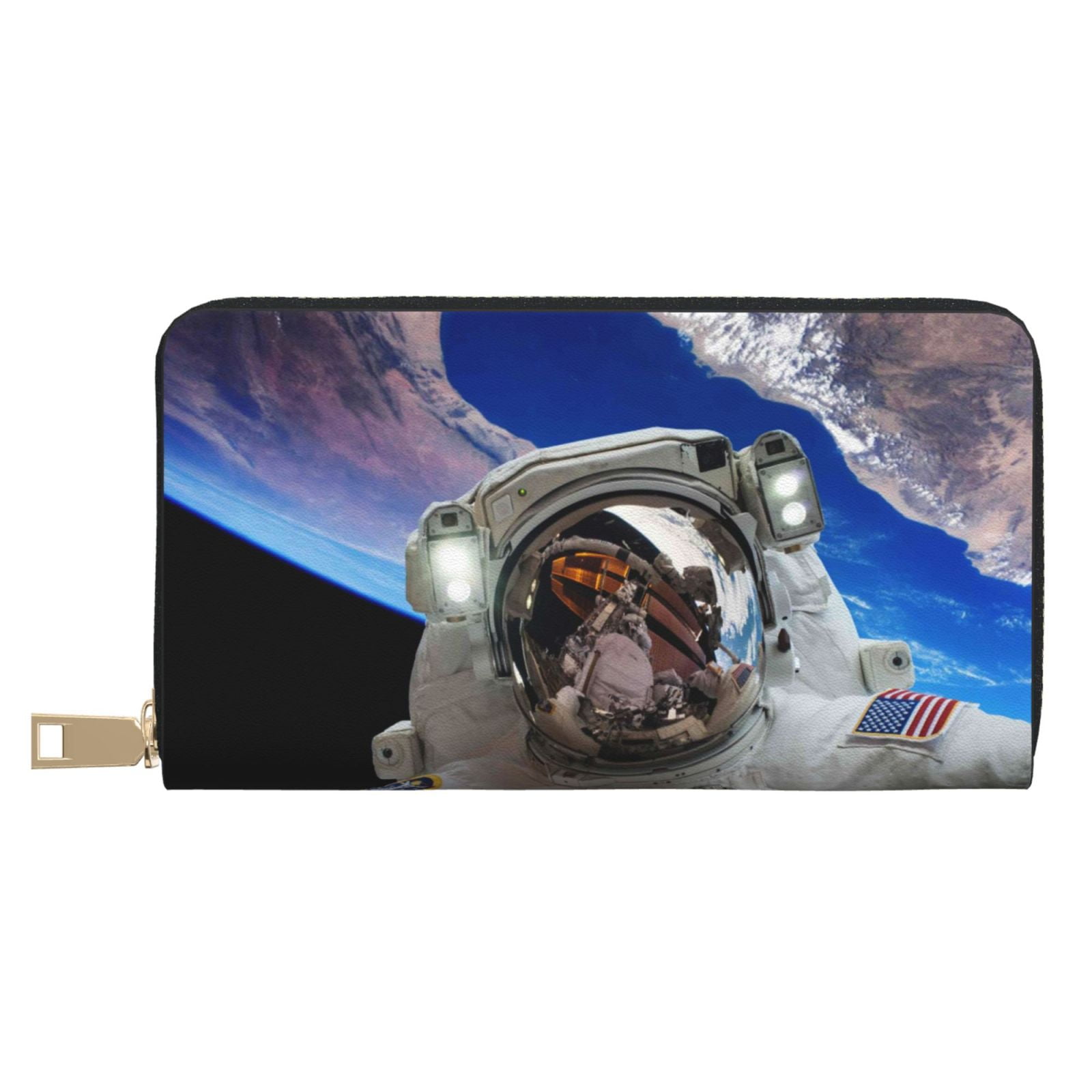 Leather Thin Slim Wallets for Women Men - Astronaut in Outer Space Clutch Wallet for Women Men ...