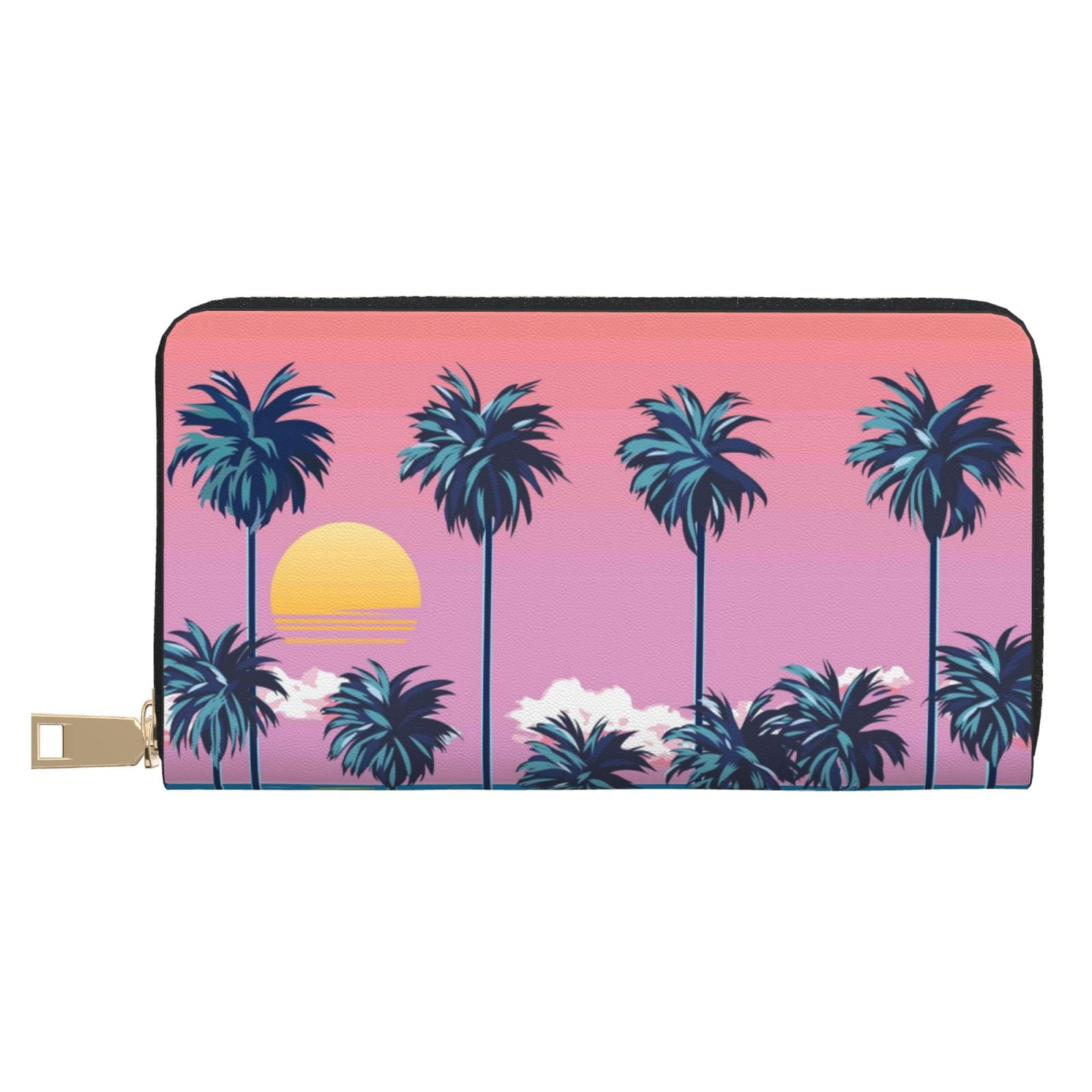 Leather Thin Slim Wallets for Women Men - Beach with Palm Trees Clutch ...