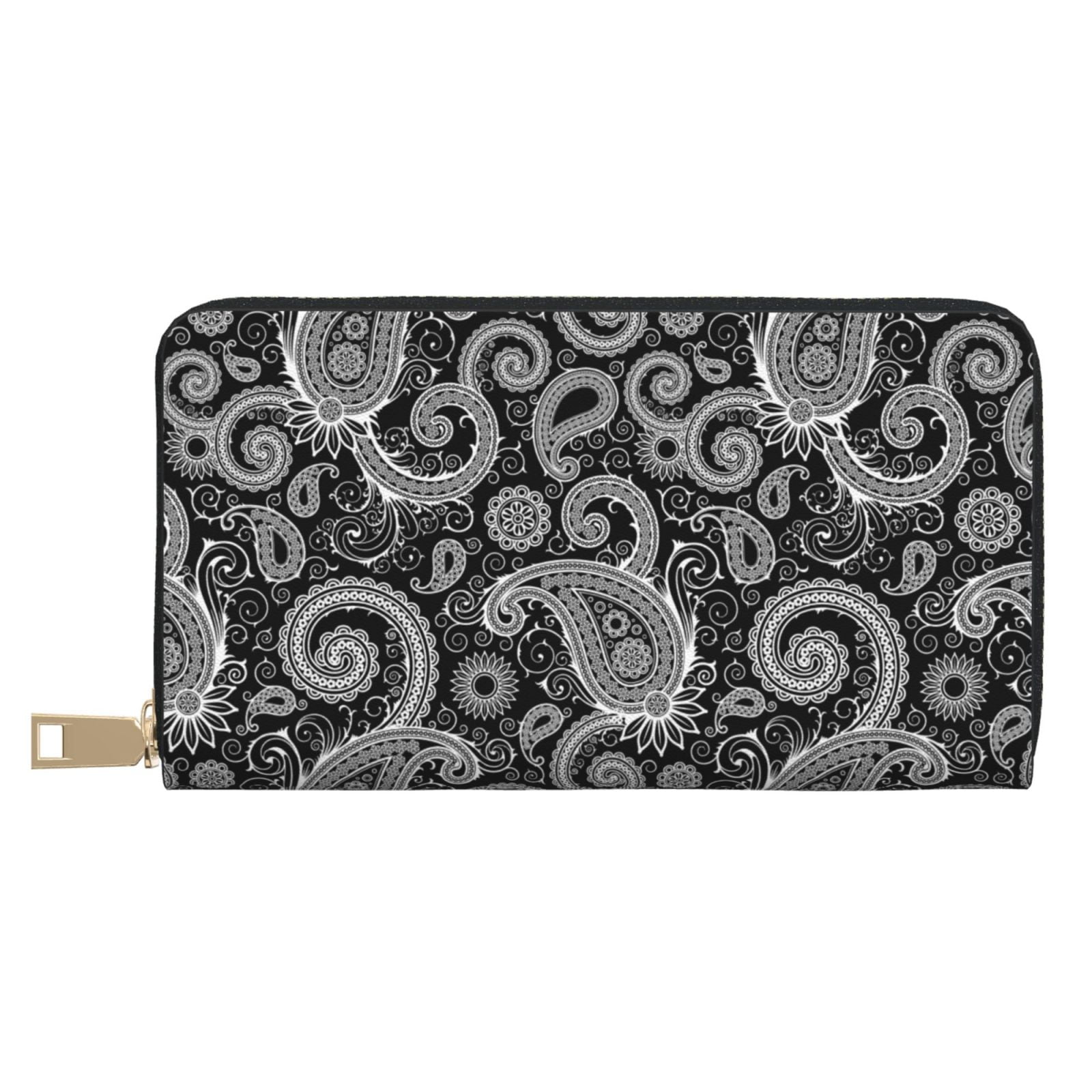 Leather Thin Slim Wallets for Women Men - Black White Indian Paisley ...