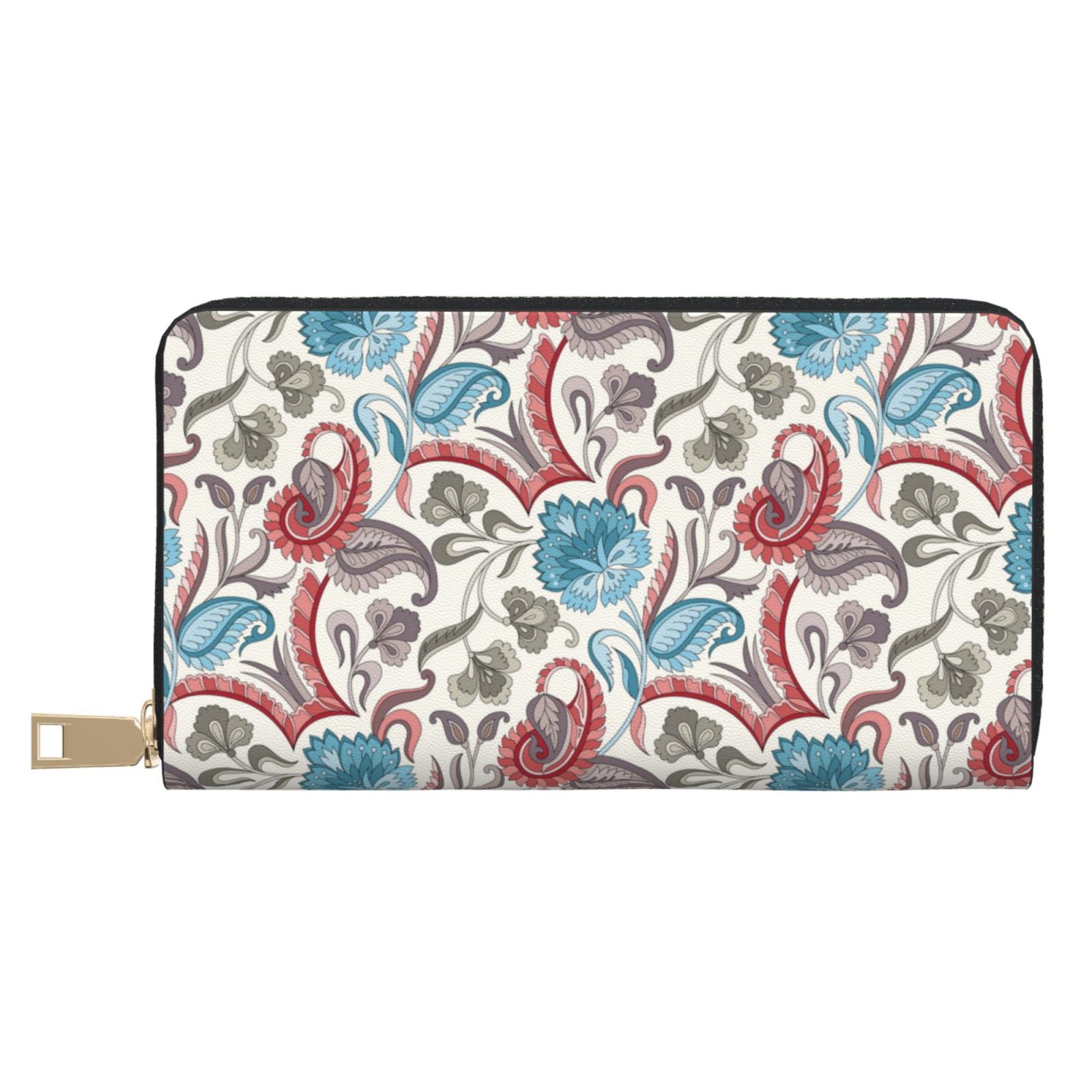 Leather Thin Slim Wallets for Women Men - Blue Flowers Paisley Clutch ...