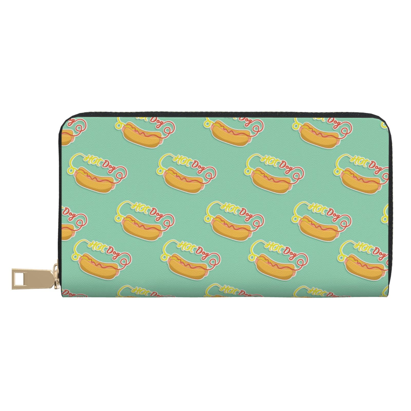 Leather Thin Slim Wallets for Women Men - Cartoon Hot Dog Print Green ...