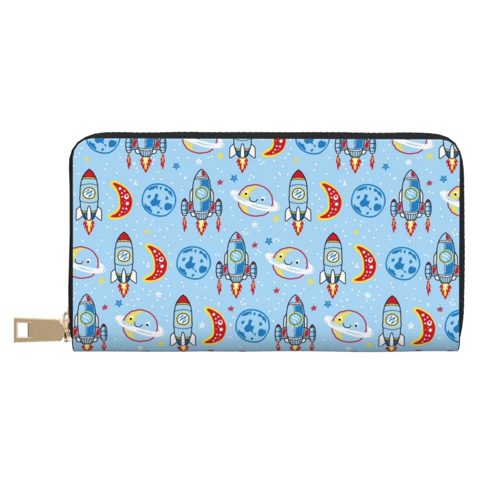 Leather Thin Slim Wallets for Women Men - Cartoon Rocket With Space ...