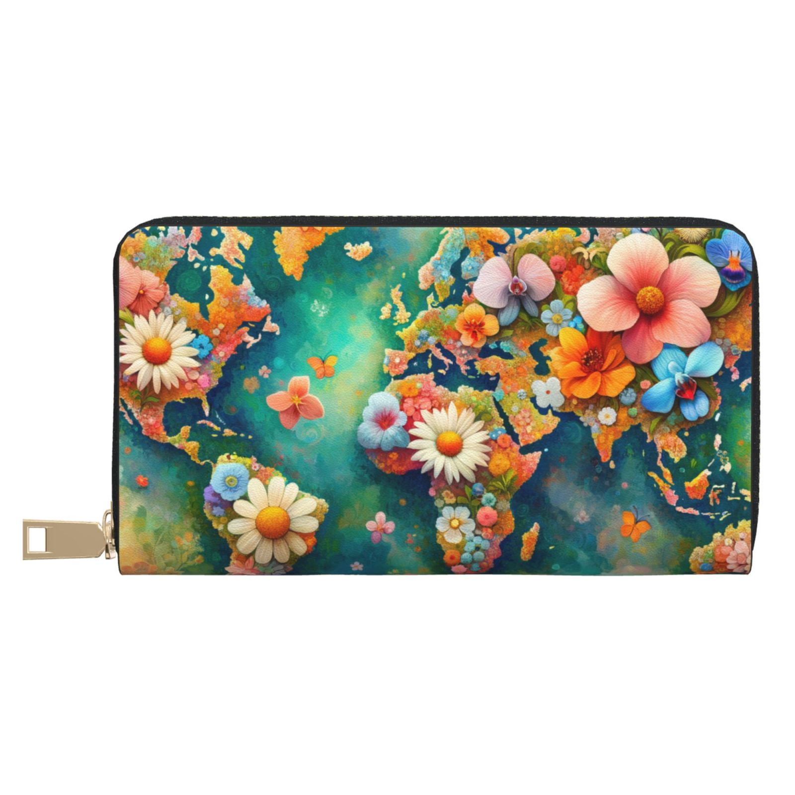 Leather Thin Slim Wallets for Women Men - Colorful World Map Clutch ...