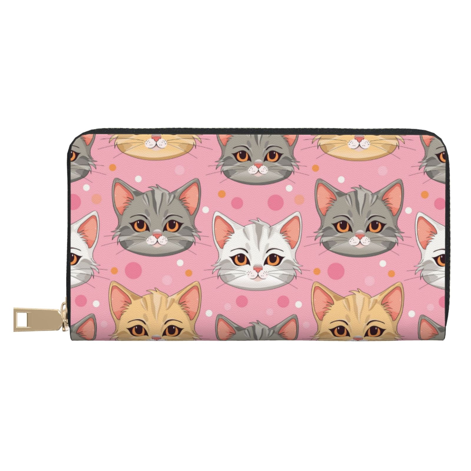 Leather Thin Slim Wallets for Women Men - Cute Cartoon Cat Face Pink ...