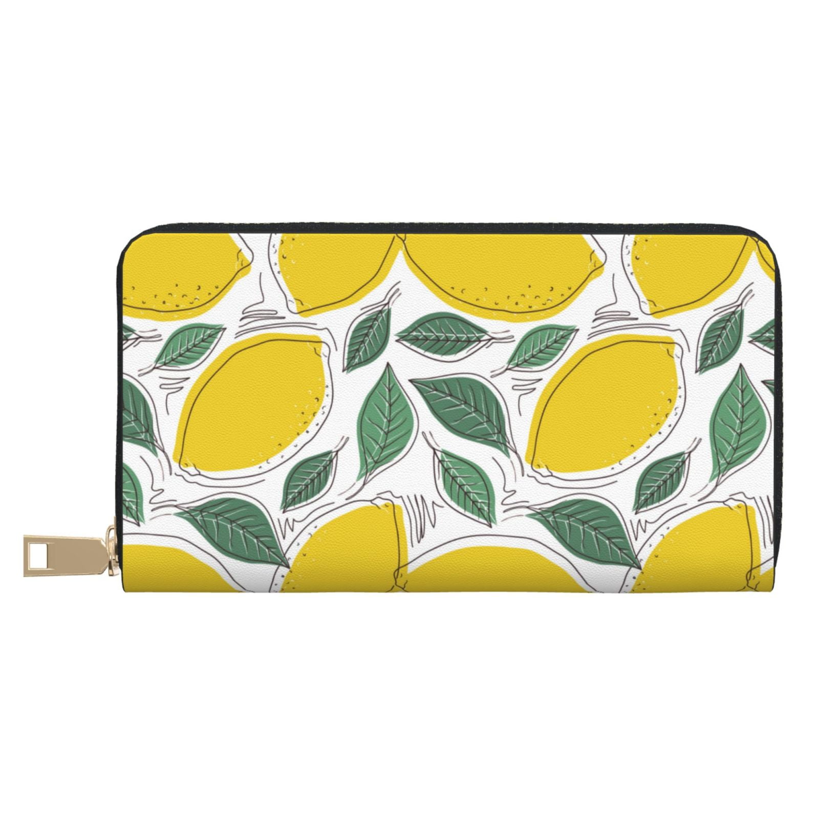 Leather Thin Slim Wallets for Women Men - Cute Gold Lemon Leaves Clutch ...