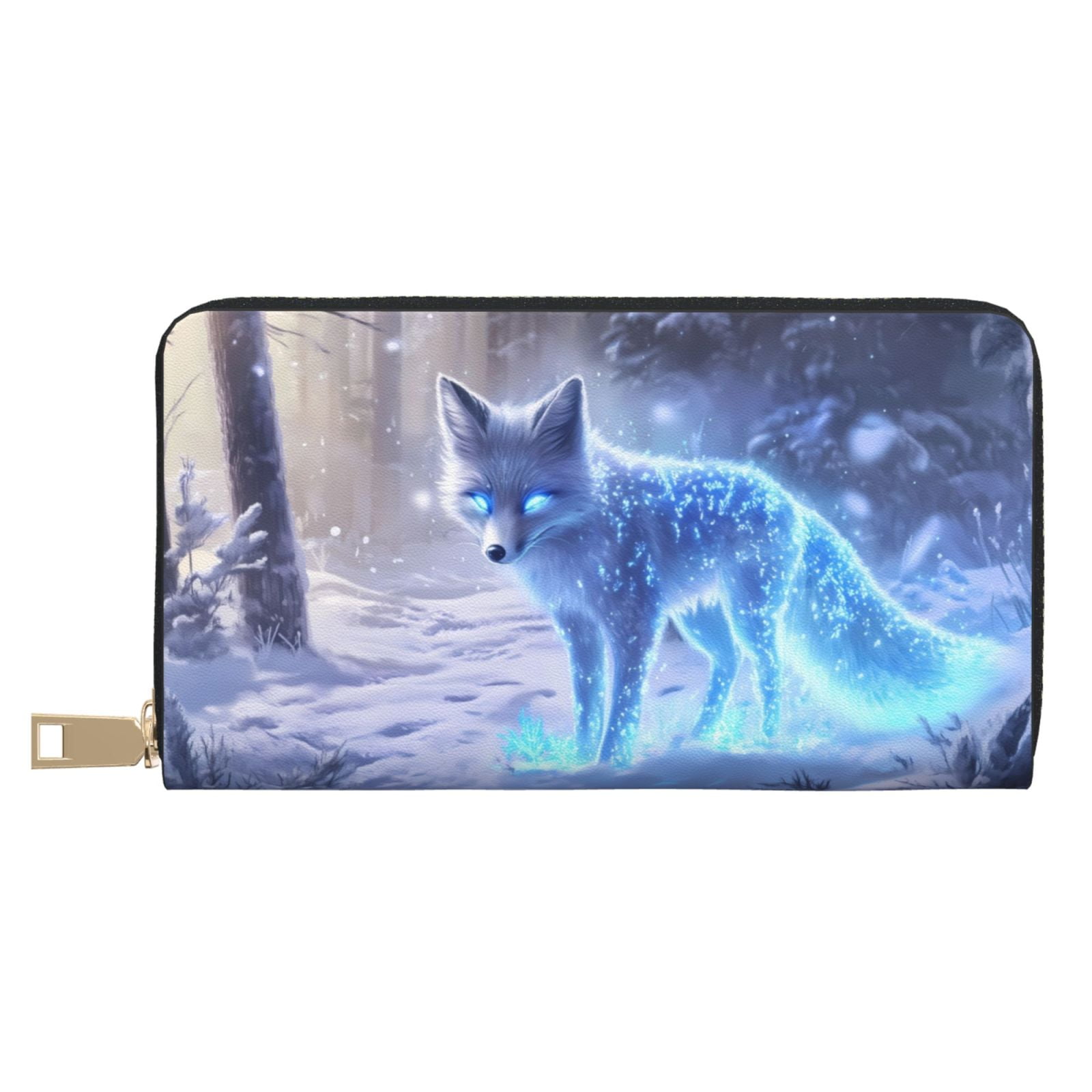 Leather Thin Slim Wallets for Women Men - Glowing Winter Arctic Fox ...