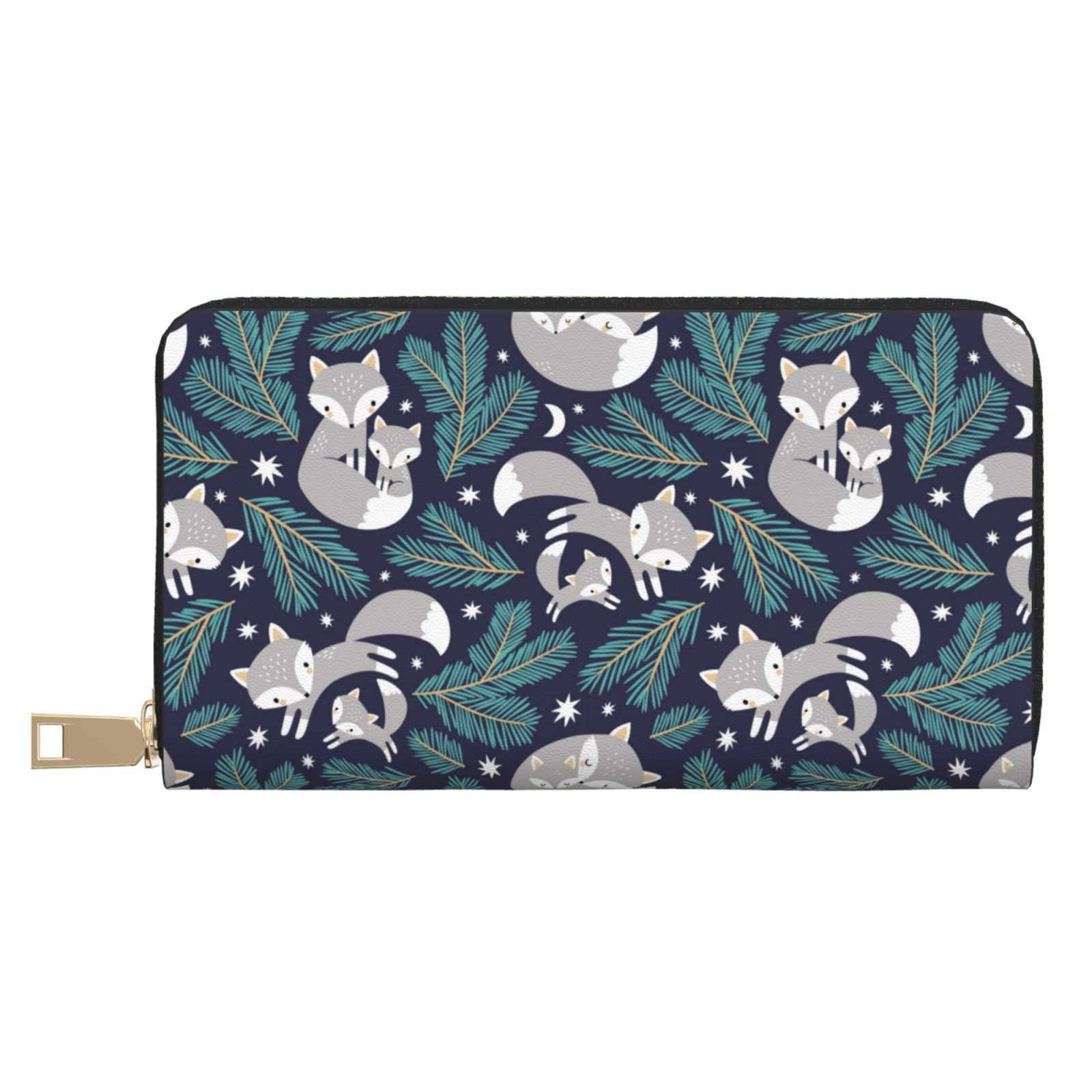 Leather Thin Slim Wallets for Women Men - Gray Fox Green Leaf Clutch ...