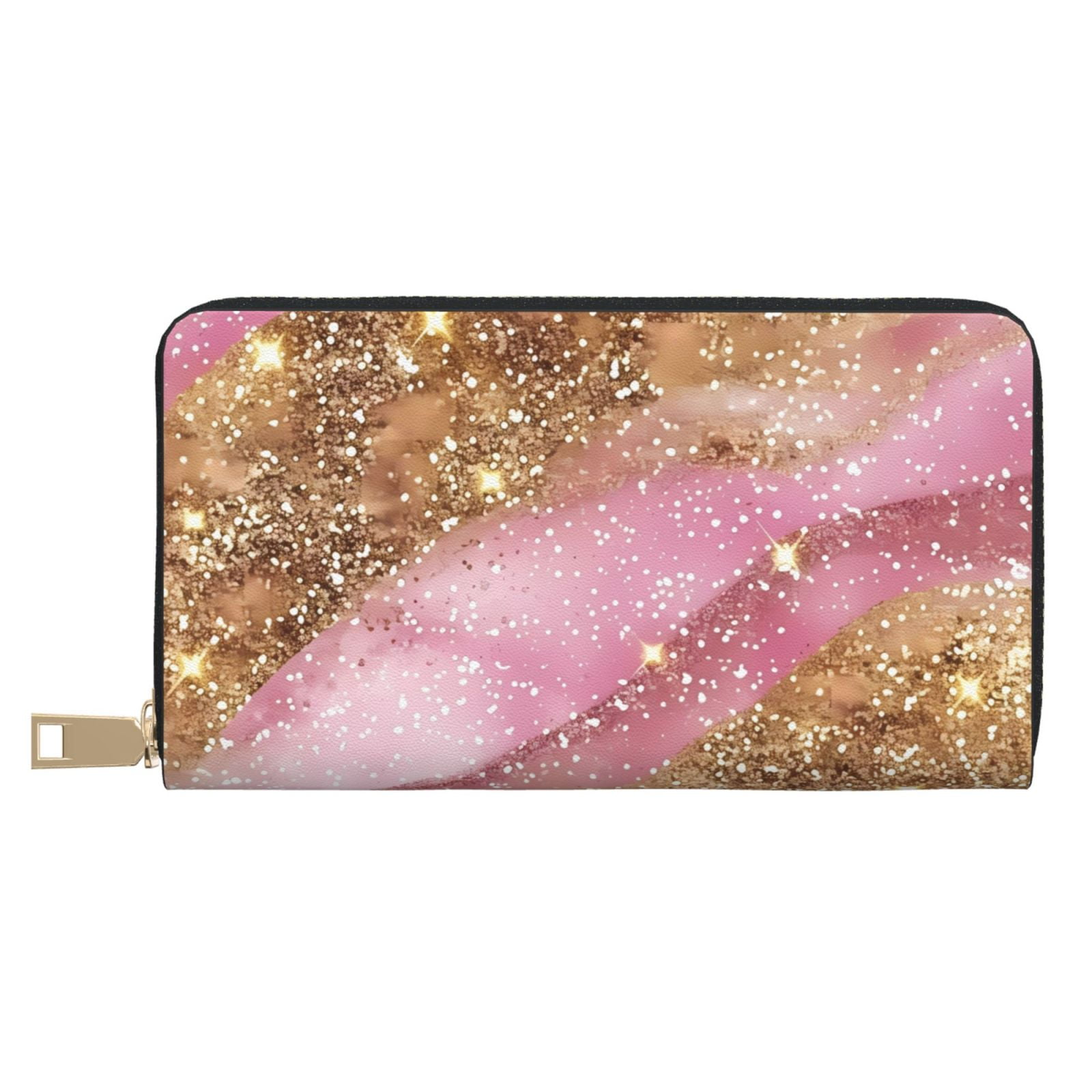Leather Thin Slim Wallets for Women Men - Pink and Gold Glam Glitter ...