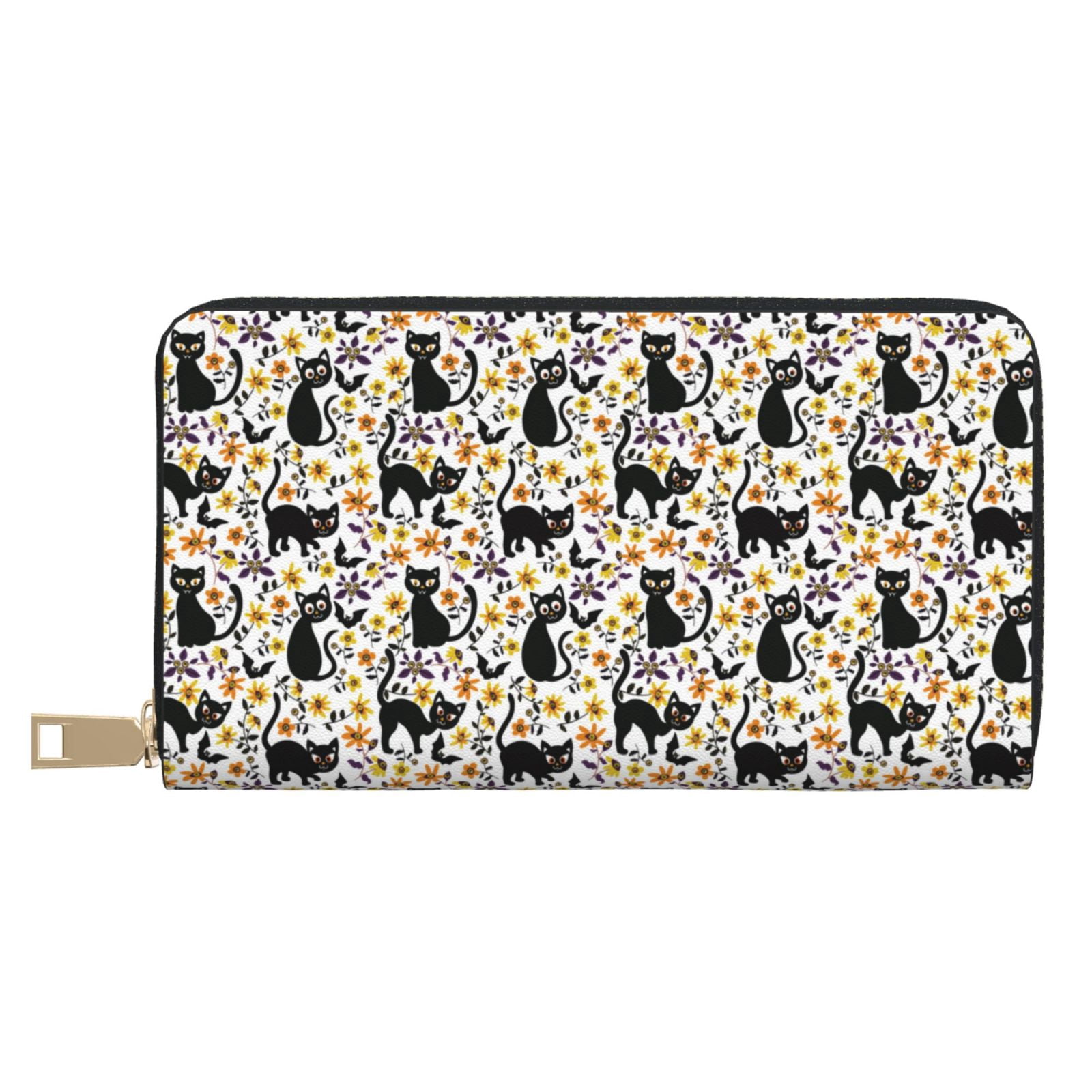 Leather Thin Slim Wallets for Women Men - Quirky Cartoon Cat Black ...