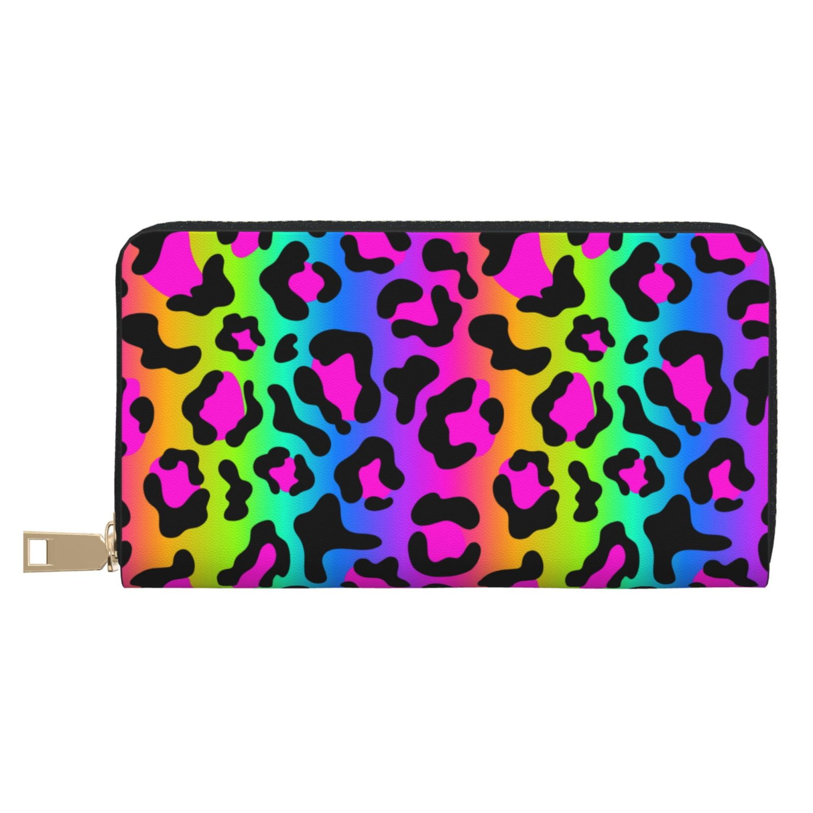 Leather Thin Slim Wallets for Women Men - Rainbow leopard bright Clutch ...