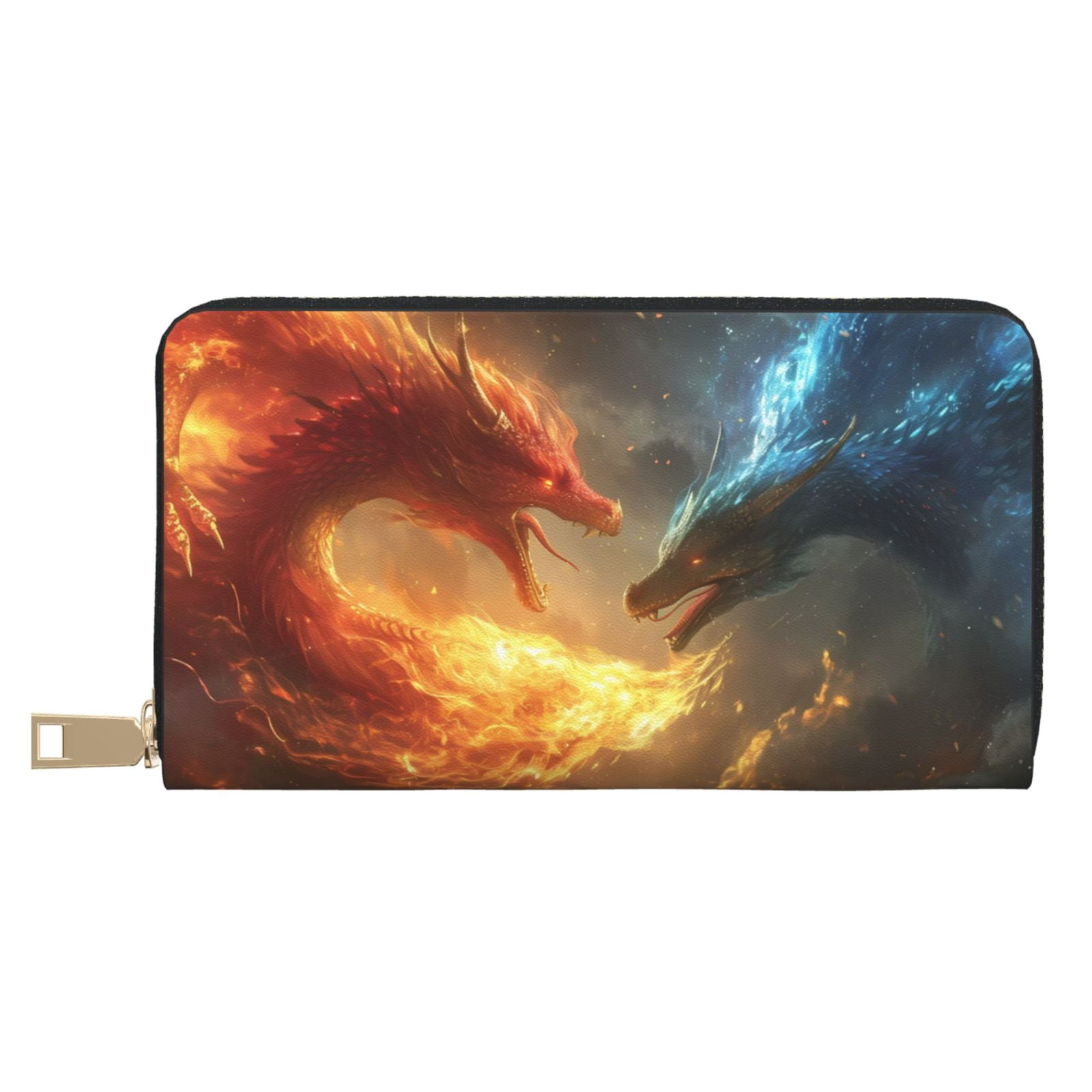 Leather Thin Slim Wallets for Women Men - Red and Blue Fire Dragon B ...