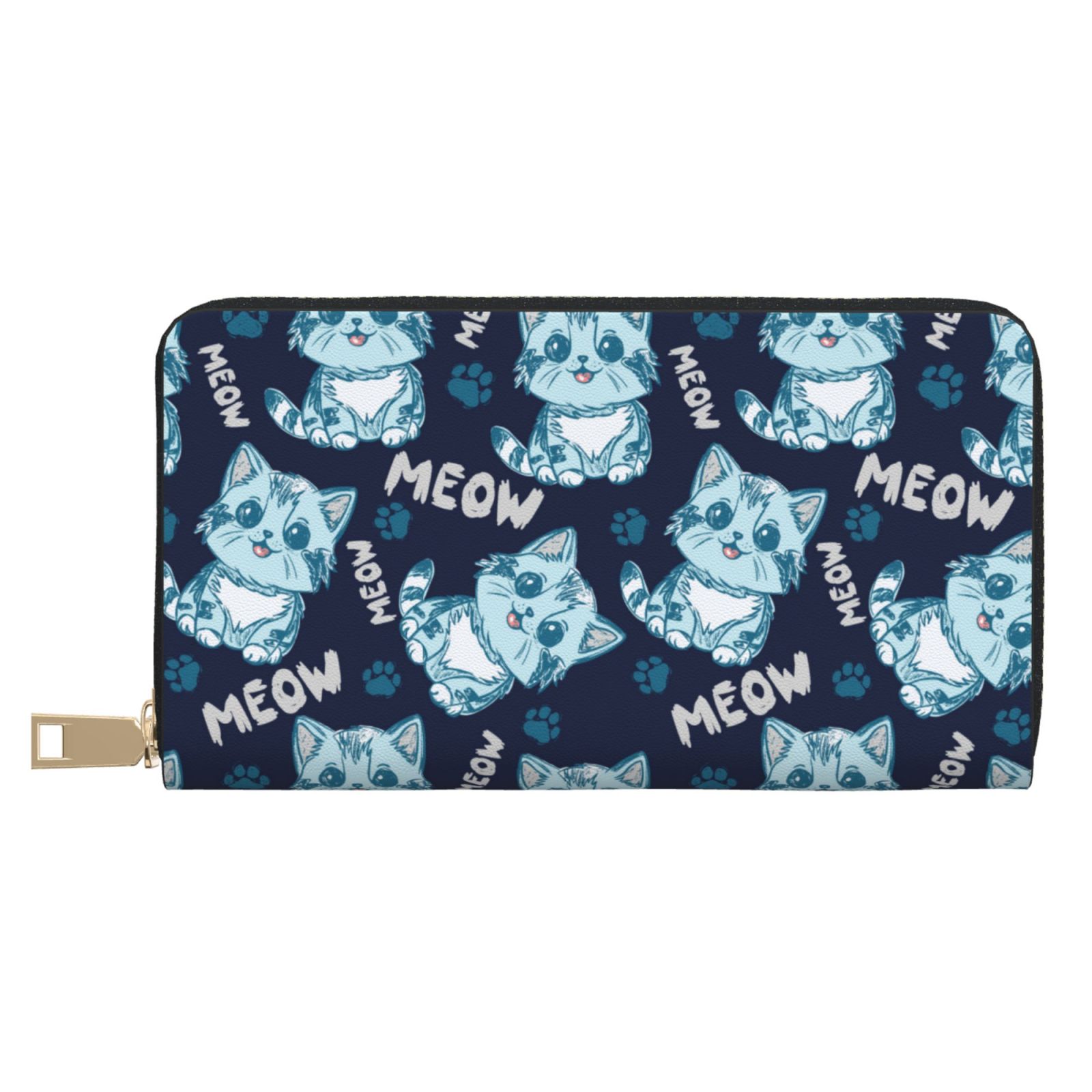Leather Thin Slim Wallets for Women Men - Sketch Cartoon Cat Paw Blue ...