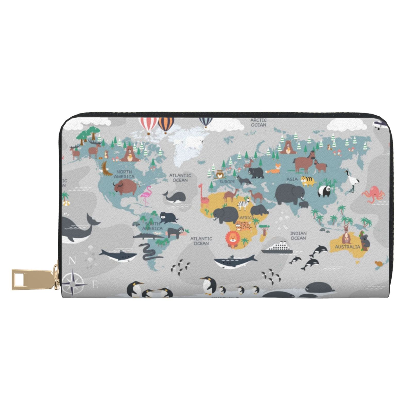 Leather Thin Slim Wallets for Women Men - The World Map with Cartoon ...