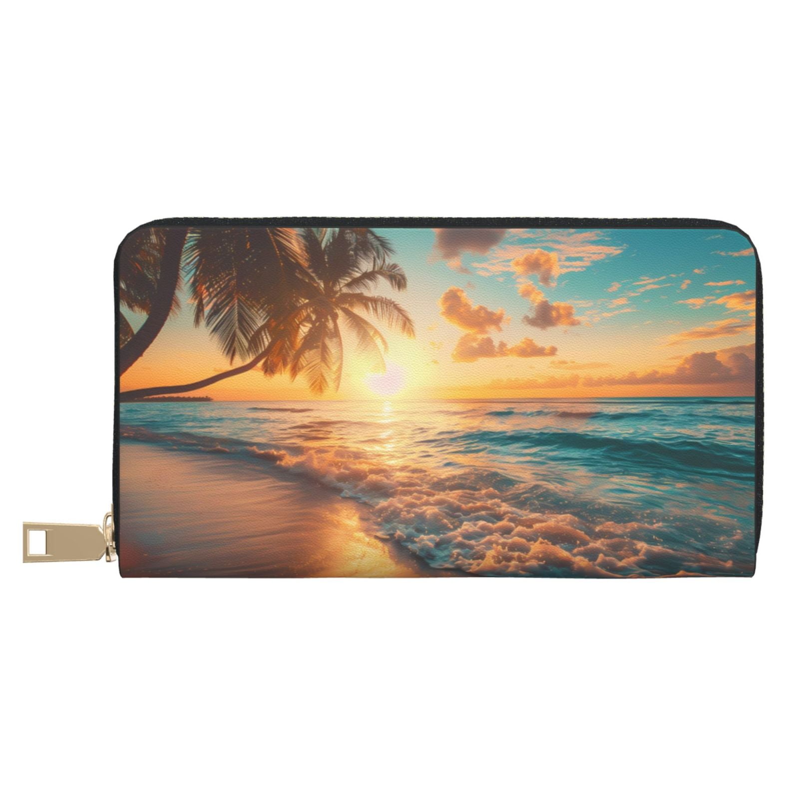 Leather Thin Slim Wallets for Women Men - Tropical Sunset Beach Scene ...