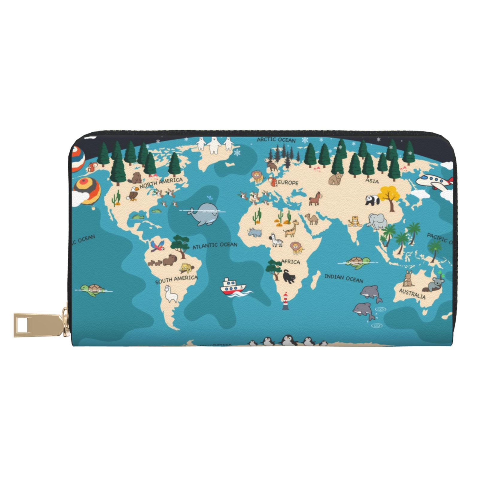Leather Thin Slim Wallets for Women Men - World Map With Animal Clutch ...