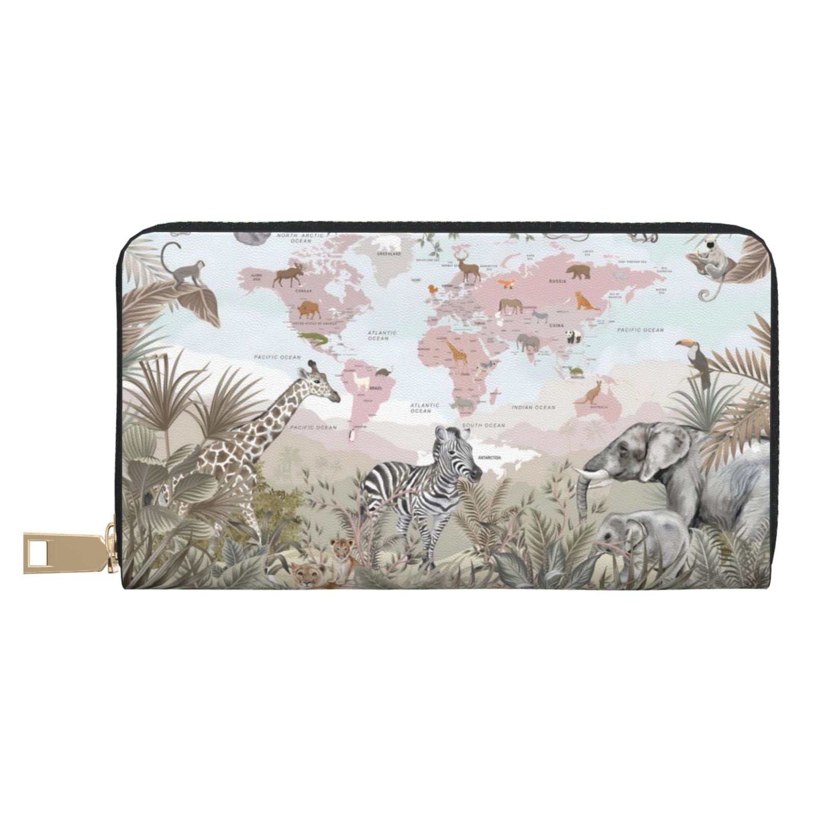 Leather Thin Slim Wallets for Women Men - World Map With Safari Animals ...