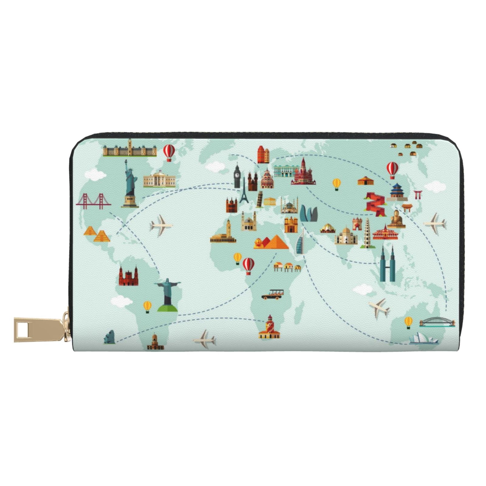 Leather Thin Slim Wallets for Women Men - World Travel Map Clutch ...