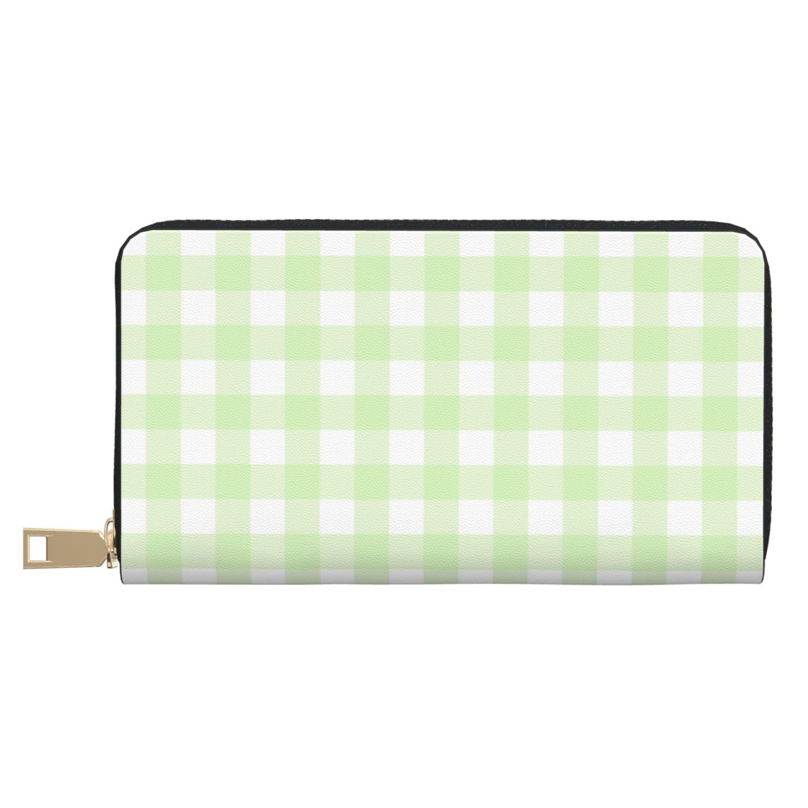 Leather Thin Slim Wallets for Women Men - green white Checkered plaid ...