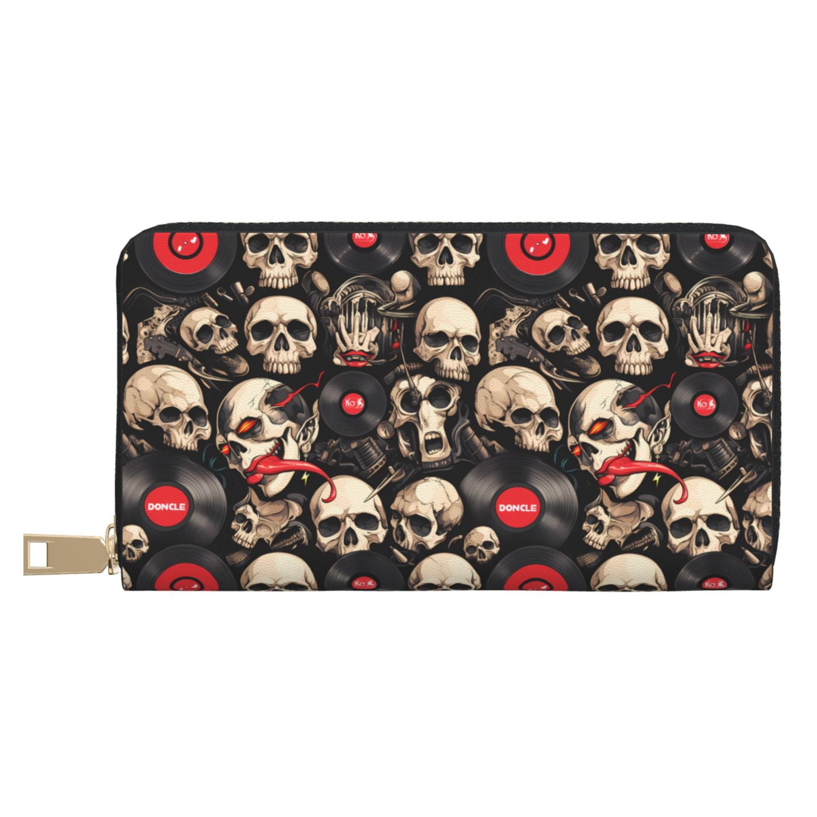 Leather Thin Slim Wallets for Women Men - rock record Skull Clutch ...