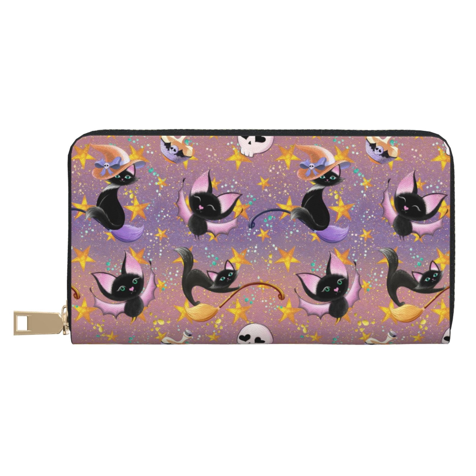 Leather Thin Slim Wallets for Women Men - shiny cat bat skull pumpking ...
