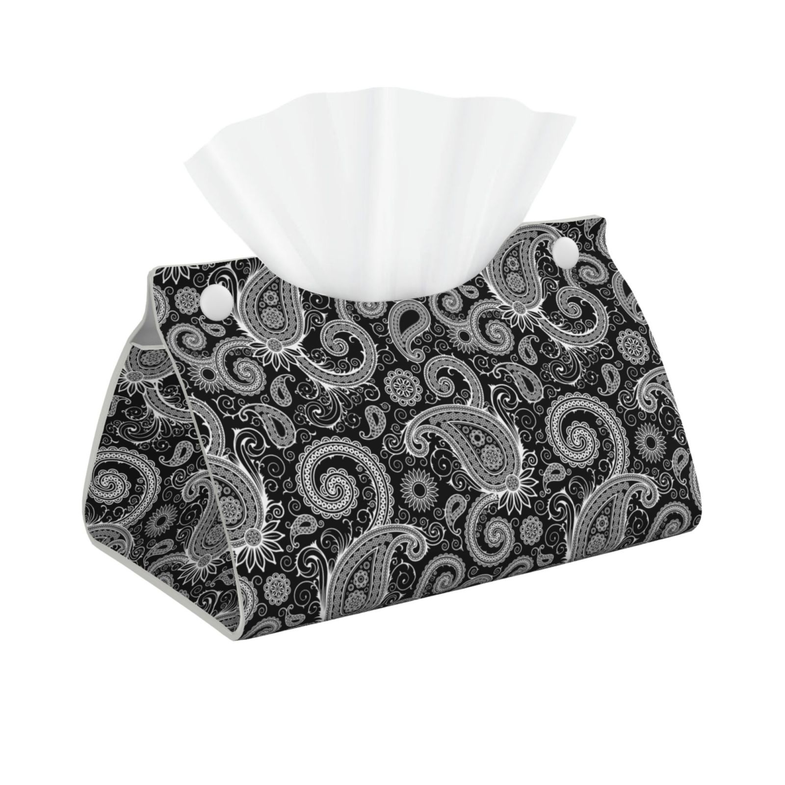 Leather Tissue Box Cover - Black White Indian Paisley Long PVC Tissue ...