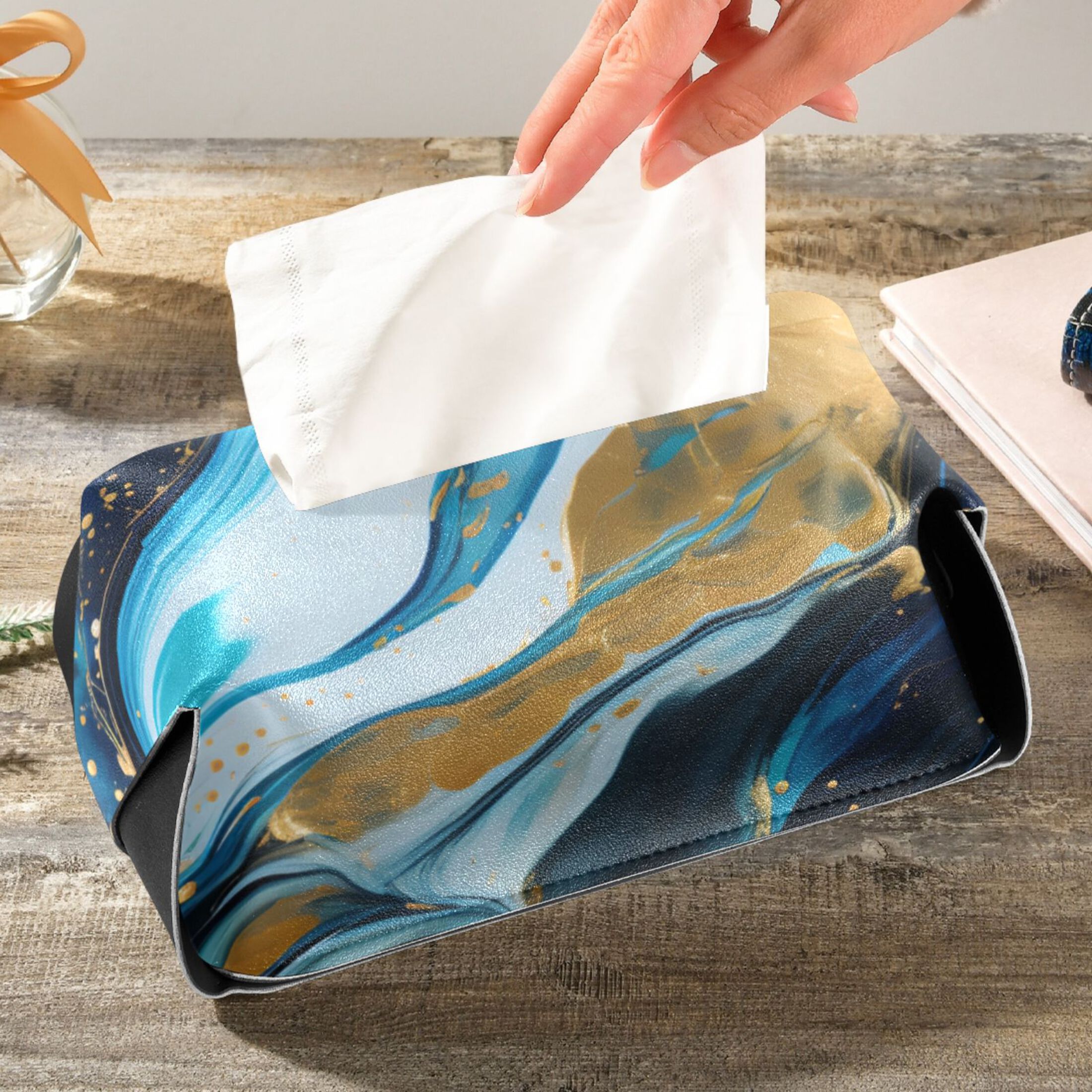 Leather Tissue Box Cover Blue Marble Golden Facial Cube Holder Case ...