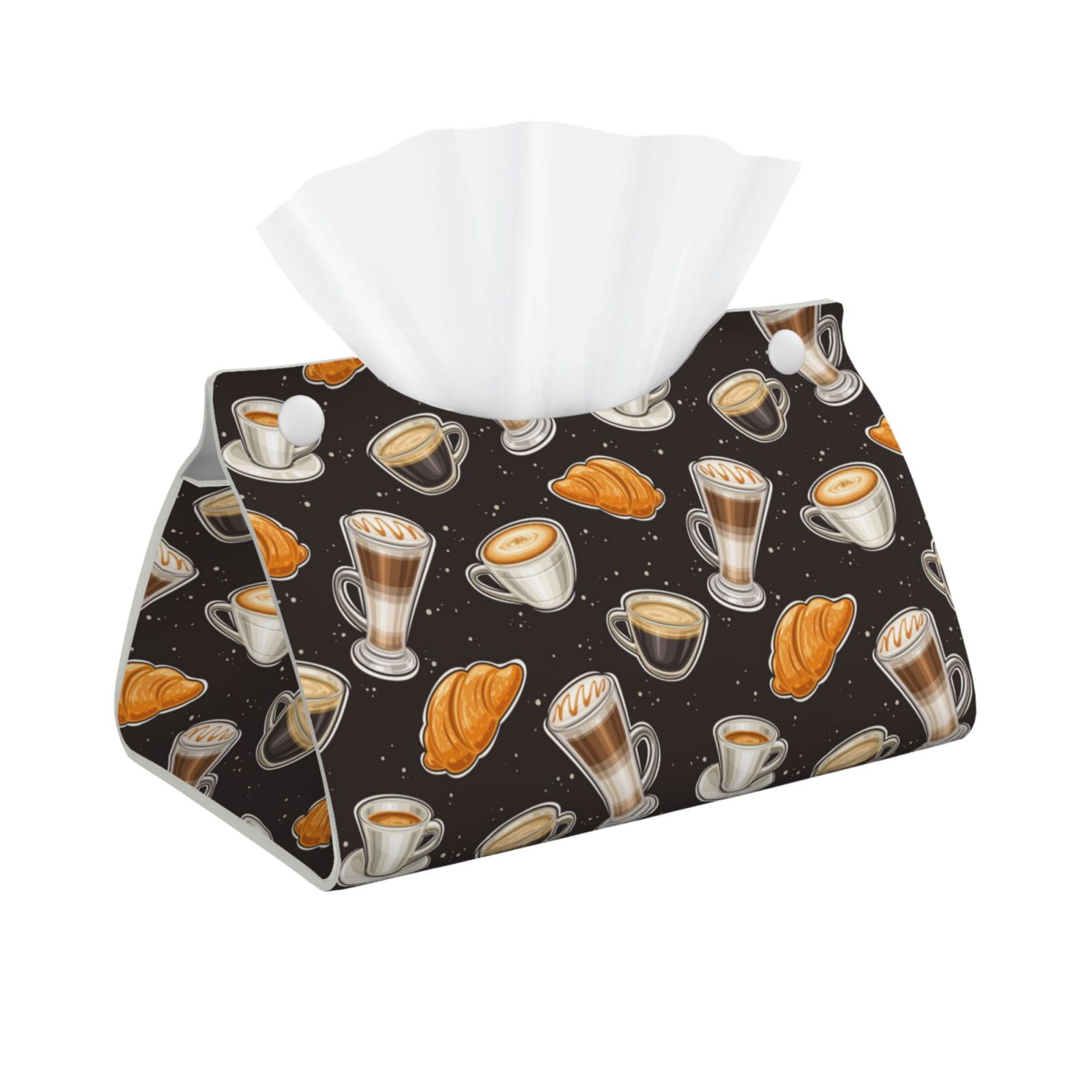 Leather Tissue Box Cover - Bread & Coffee Print Black Long PVC Tissue ...