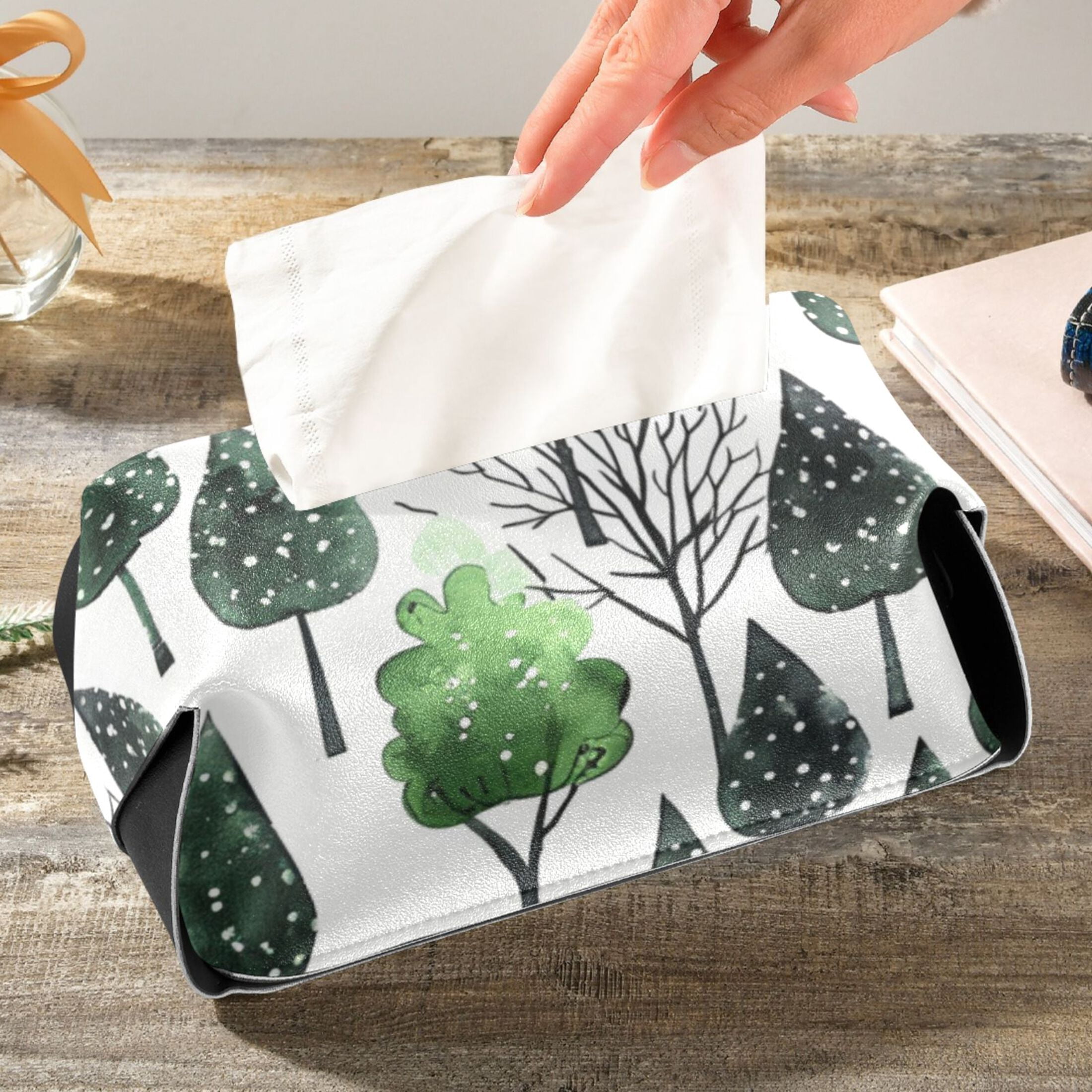 Leather Tissue Box Cover Christmas Trees with Snow Facial Cube Holder ...