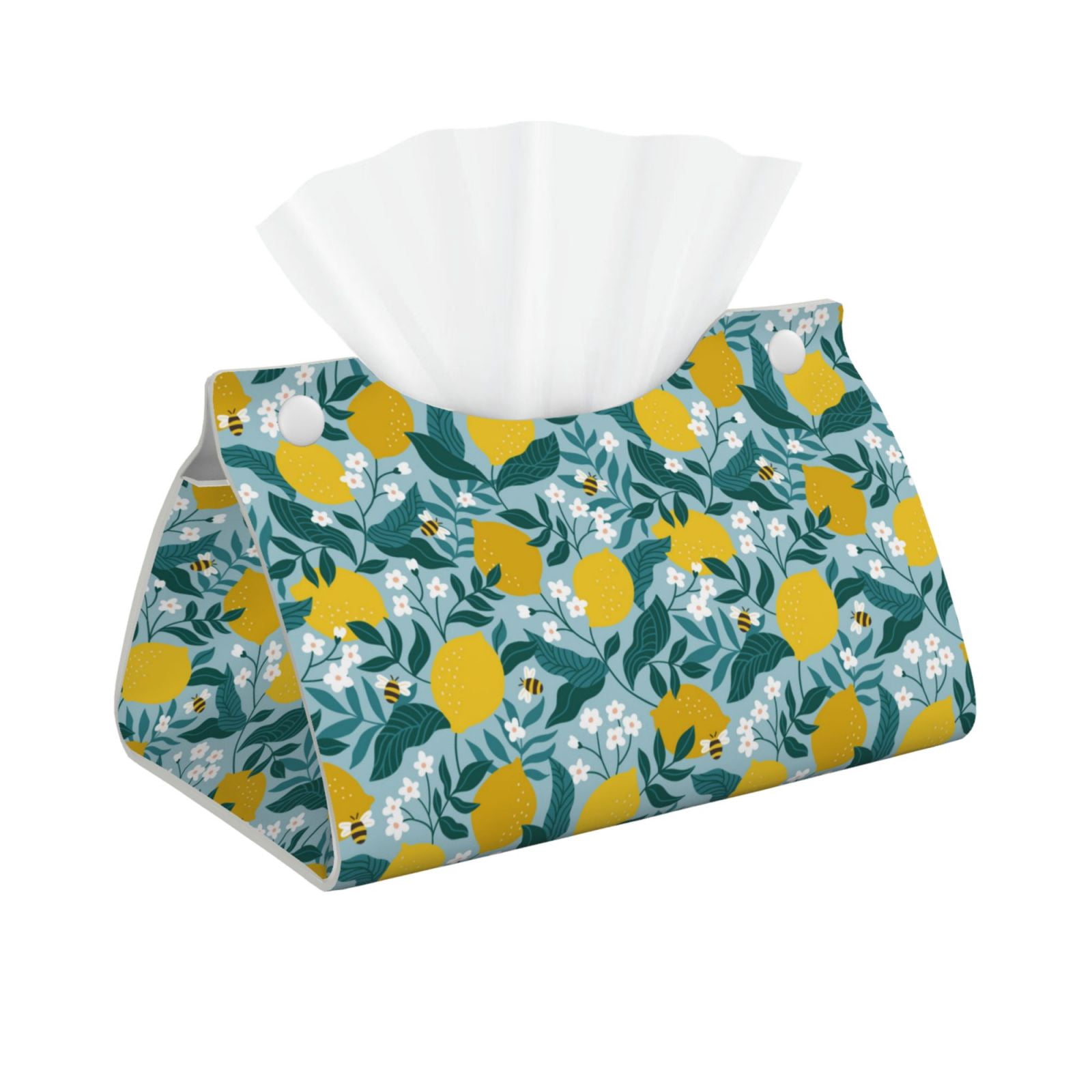 Leather Tissue Box Cover - Cute Lemon Blue Leaves Bee Flower Long PVC ...