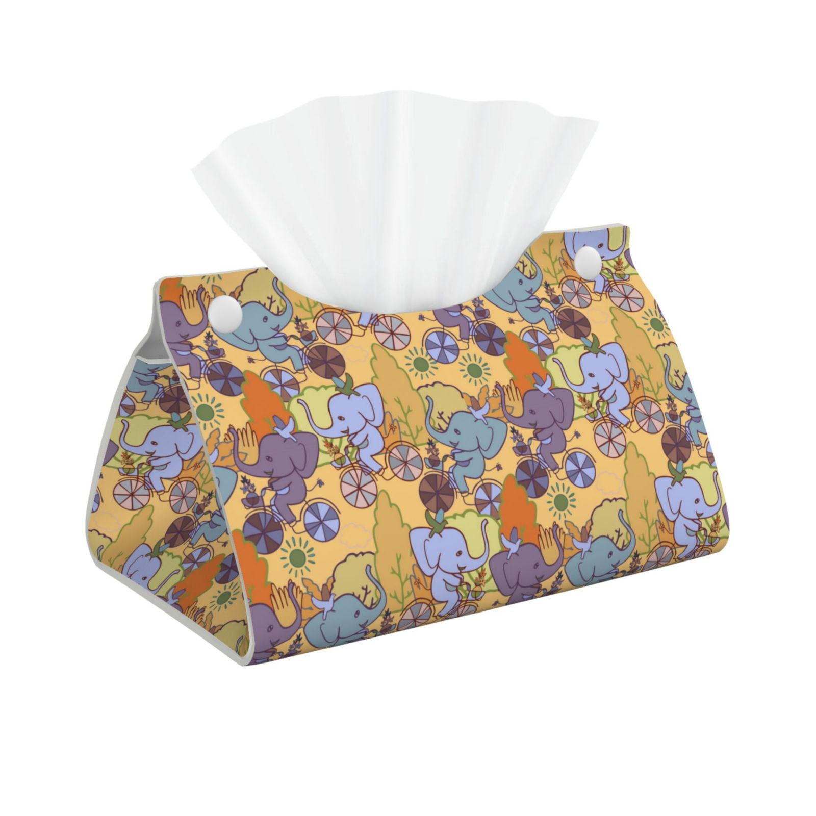 Leather Tissue Box Cover - Cycling Elephant On Bicycle In Park Long PVC ...