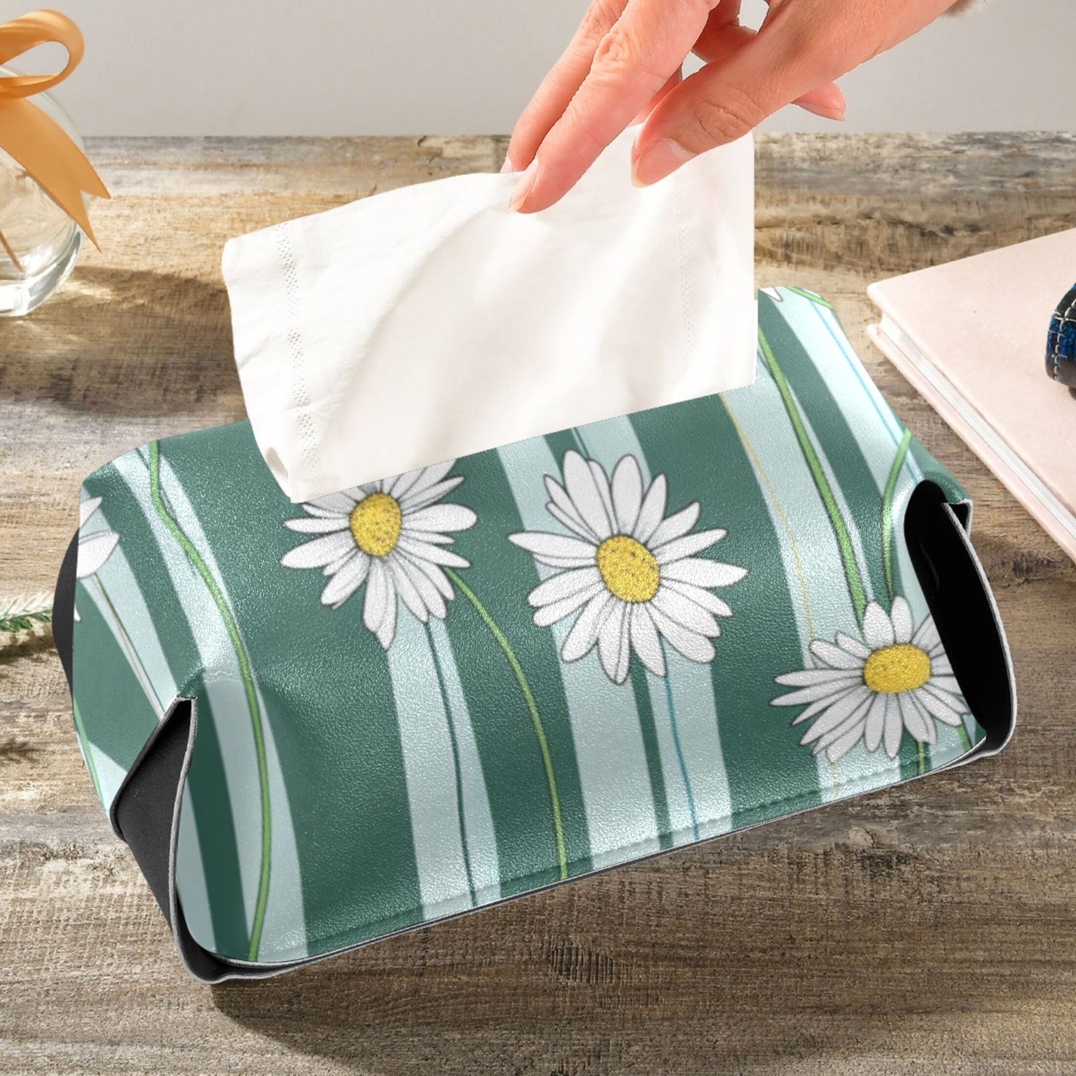 Leather Tissue Box Cover Daisy Flowers on Stripe Facial Cube Holder ...
