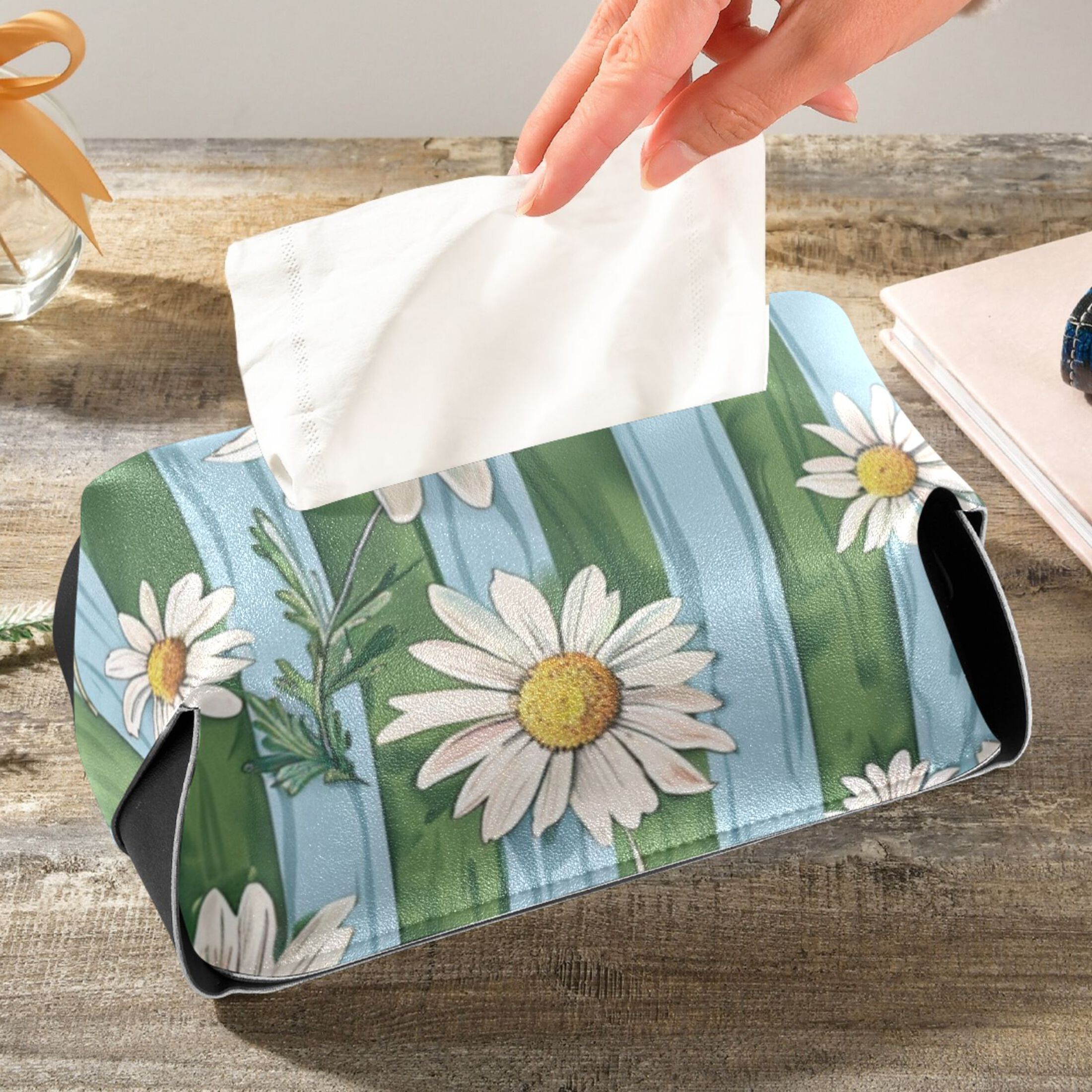 Leather Tissue Box Cover Daisy Flowers on Stripe Wood Facial Cube ...