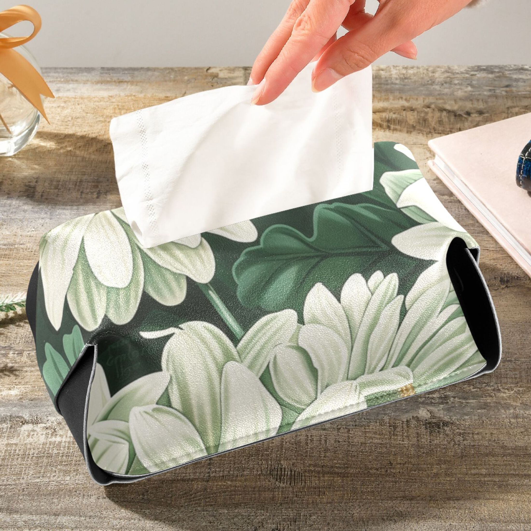 Leather Tissue Box Cover Daisy White Green Facial Cube Holder Case ...