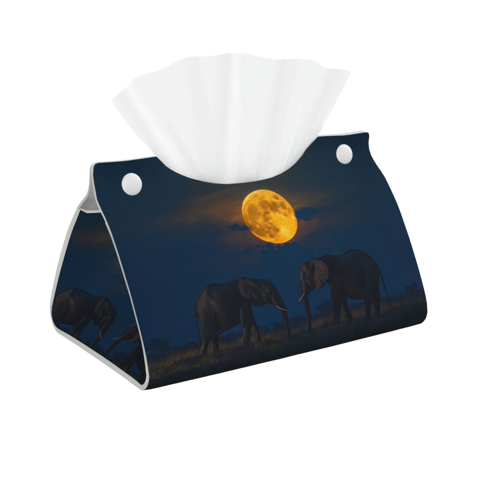 Leather Tissue Box Cover - Elephants Under Golden Moon Long PVC Tissue ...