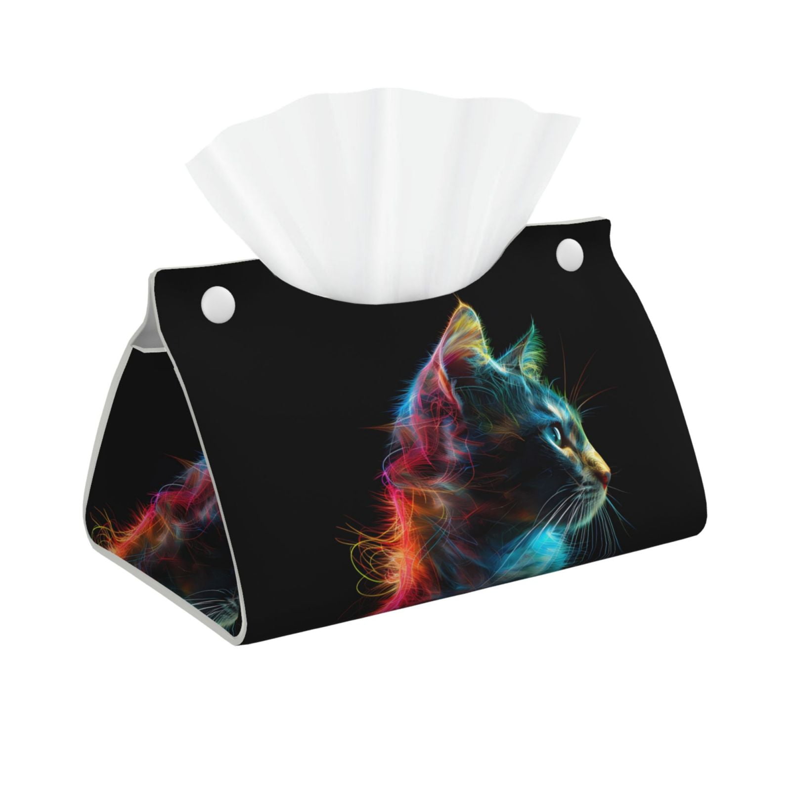 Leather Tissue Box Cover - Neon Spectrum Cat Portrait Long PVC Tissue ...