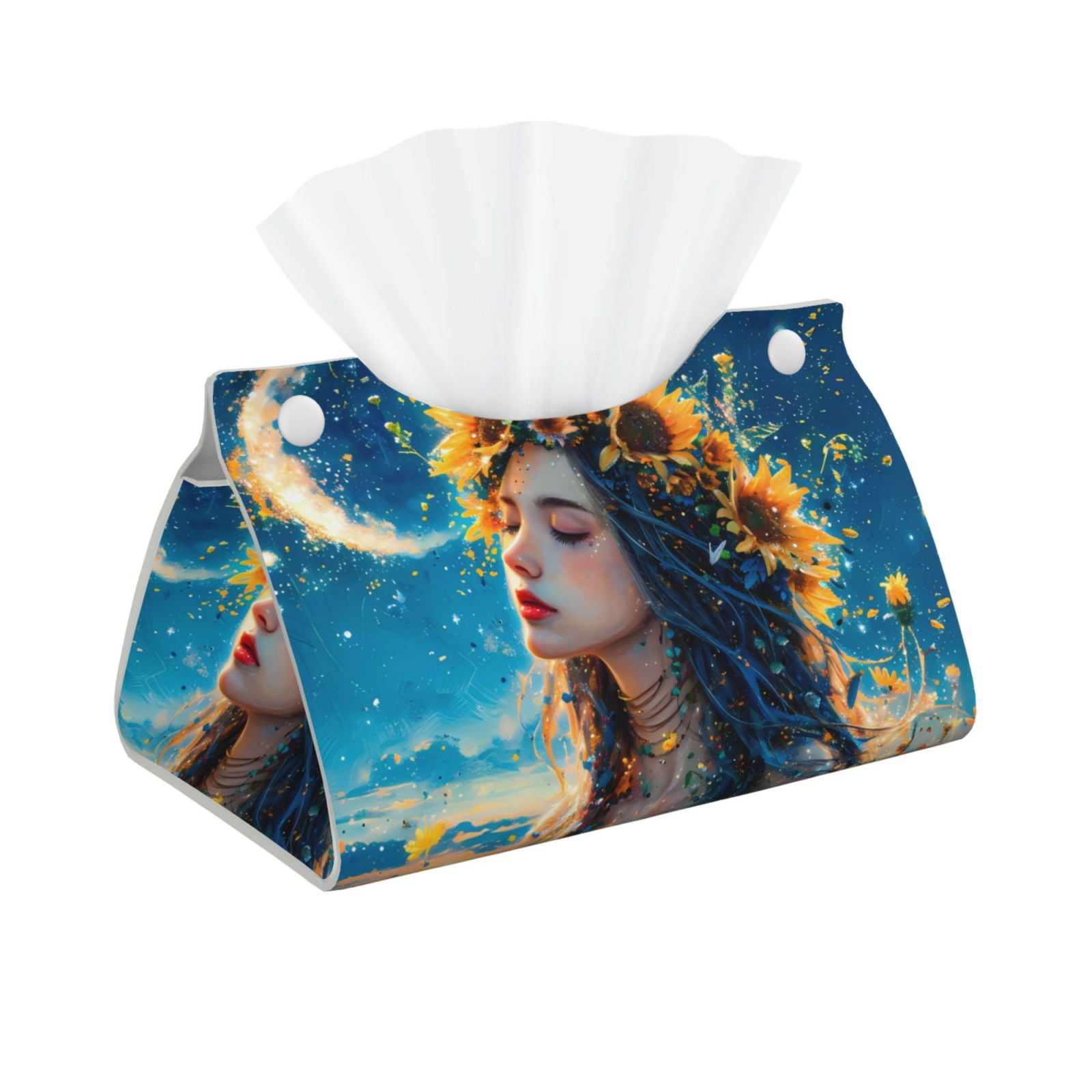 Leather Tissue Box Cover - Romantic Moon Sunflower Woman Long PVC ...