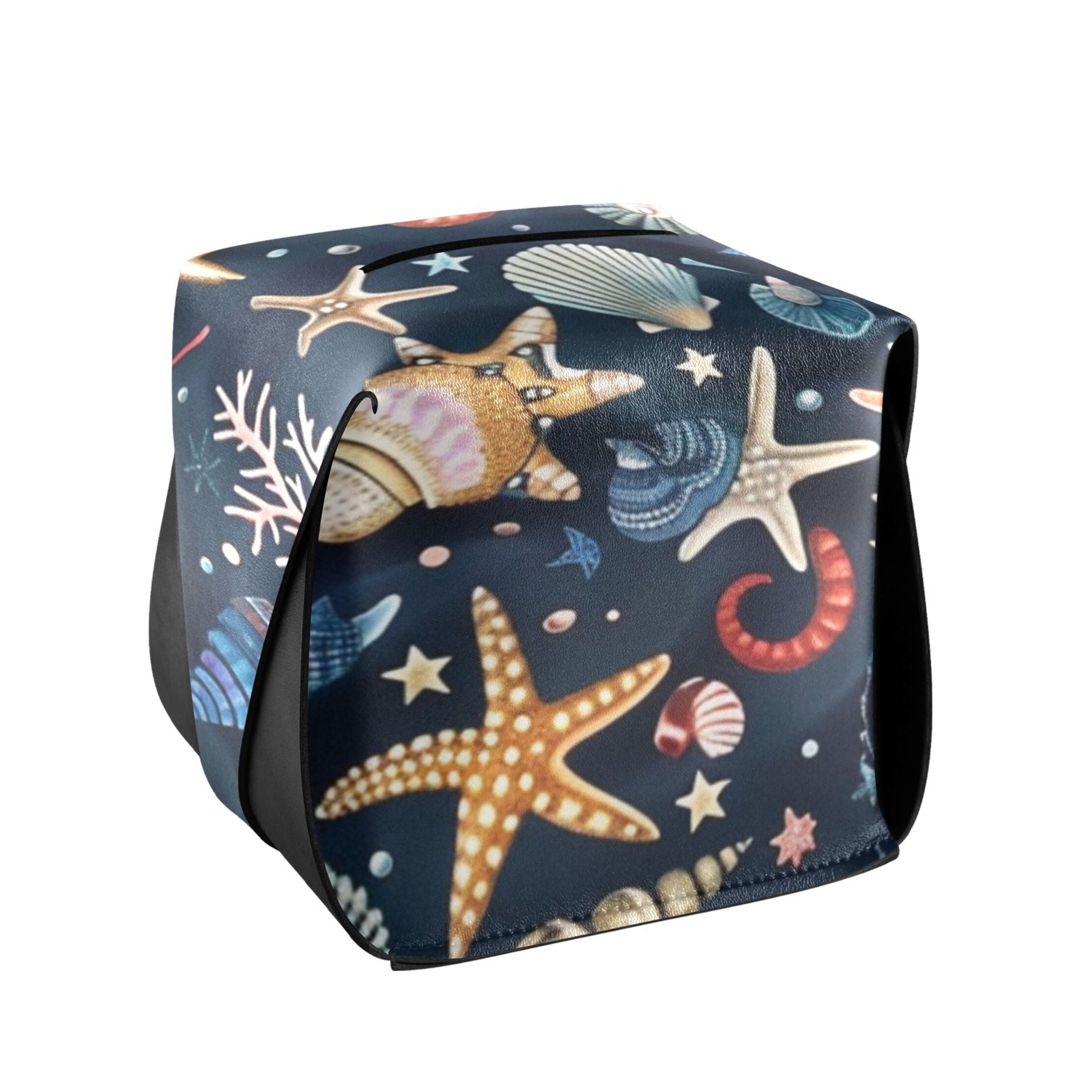 Leather Tissue Box Cover Sea Shells Stars Seaweed Coral Facial Cube ...