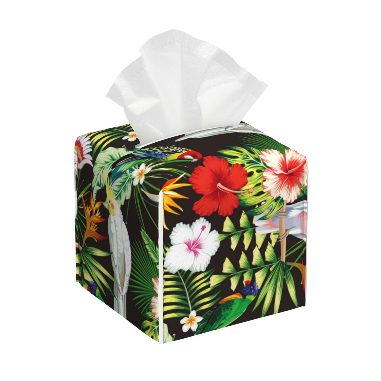 Leather Tissue Box Cover Square - Artsy Cute Parrot Palm Leaves ...