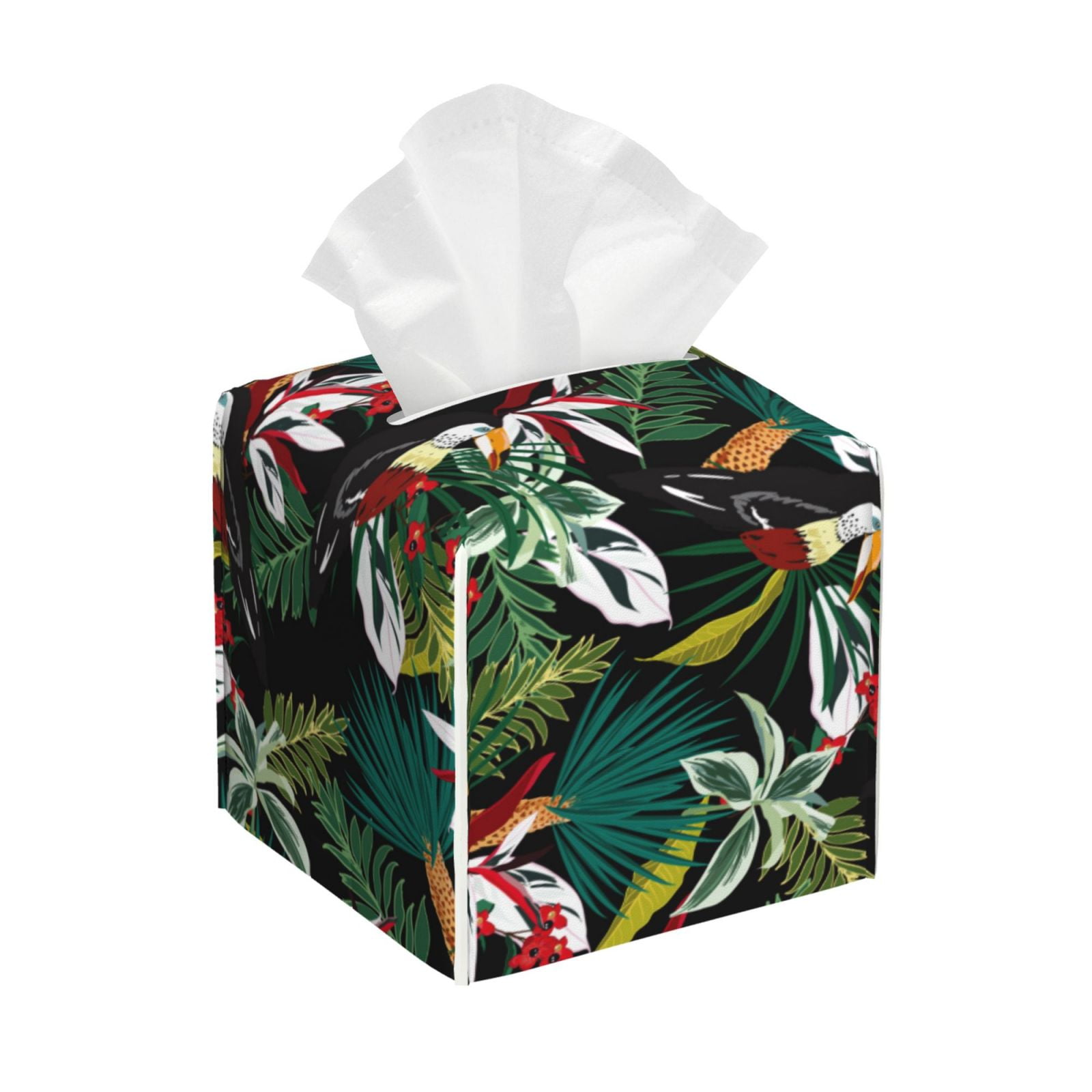 Leather Tissue Box Cover Square - Black Toucan Flower Plant Lightweight ...