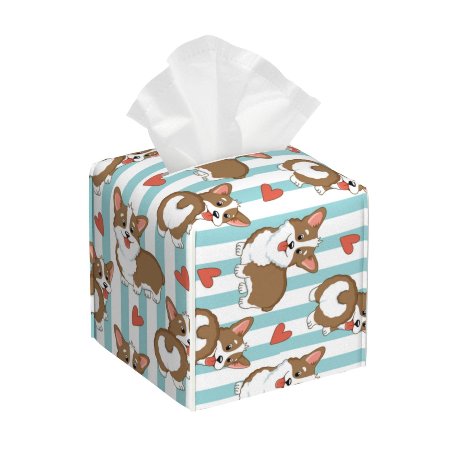 Leather Tissue Box Cover Square - Blue Striped Cute Corgi Dog Love ...