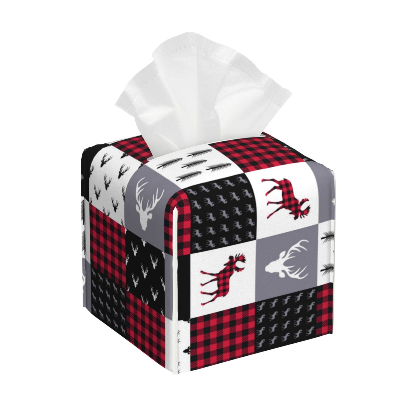 Leather Tissue Box Cover Square - Buffalo plaid Elk arrows deer moose ...