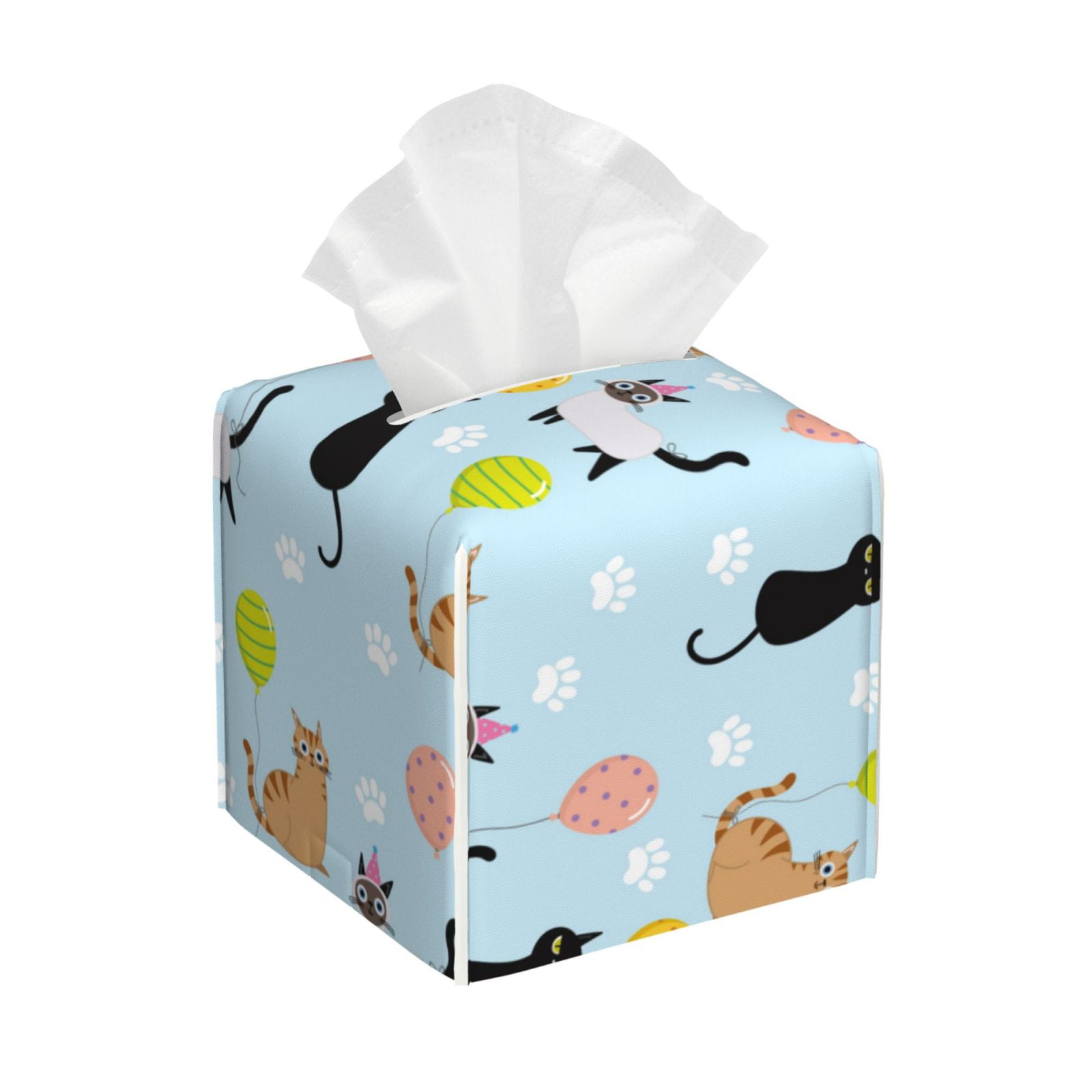 Leather Tissue Box Cover Square - Cartoon Cute Cat Colorful Balloons ...