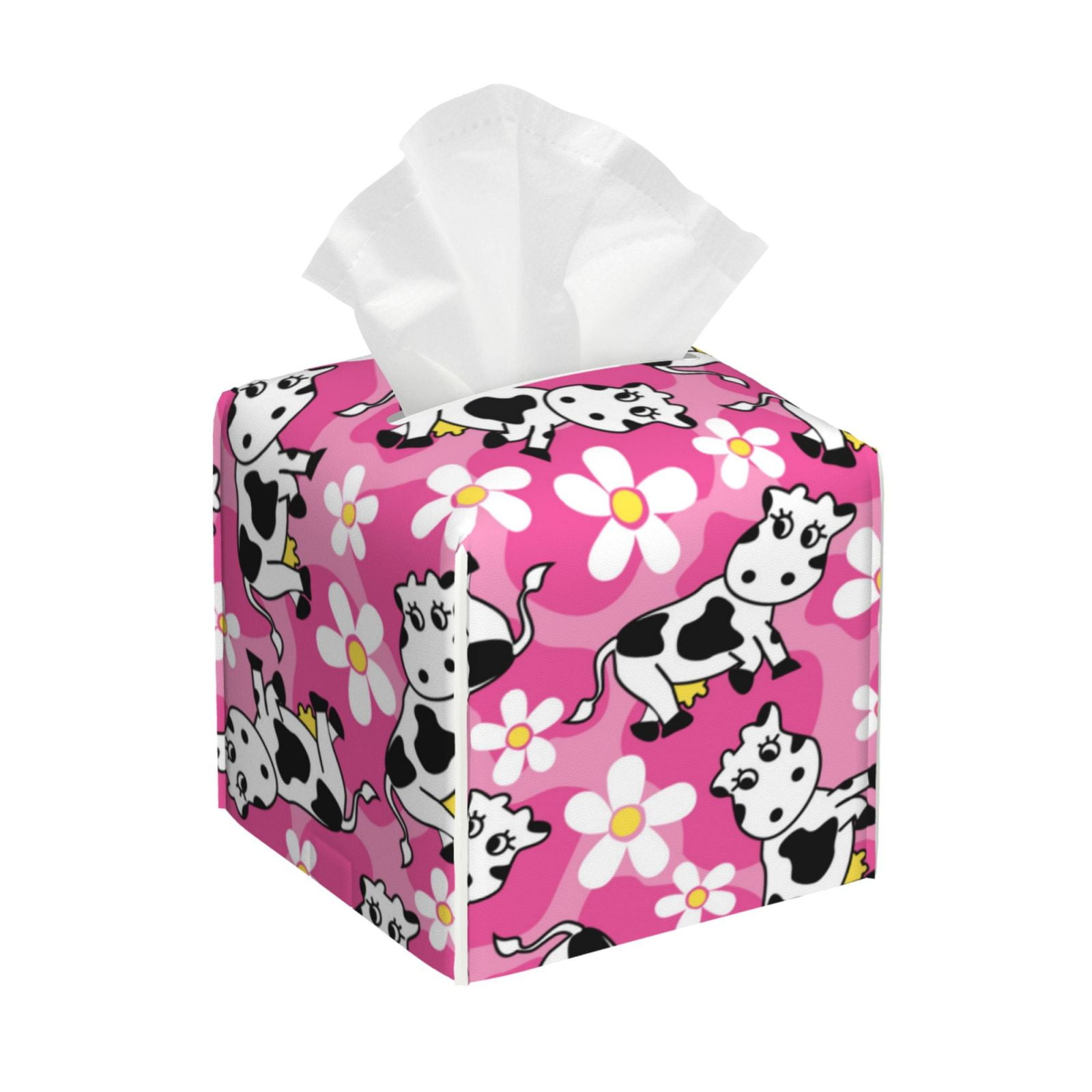 Leather Tissue Box Cover Square - Cartoon Cute Cow Flower Pink ...